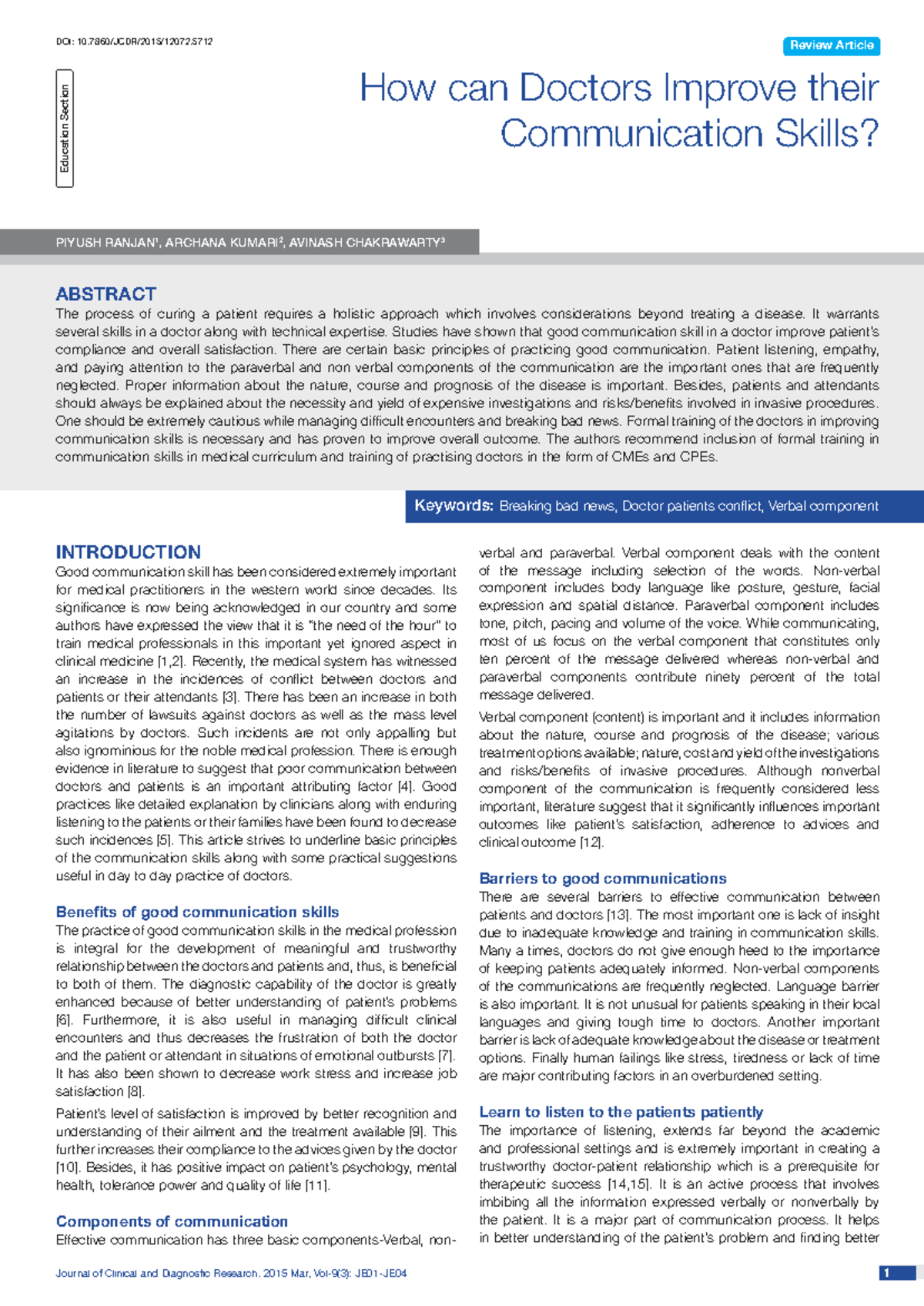 Doctors Communication Skills - DOI: 10.7860/JCDR/2015/12072 Review ...