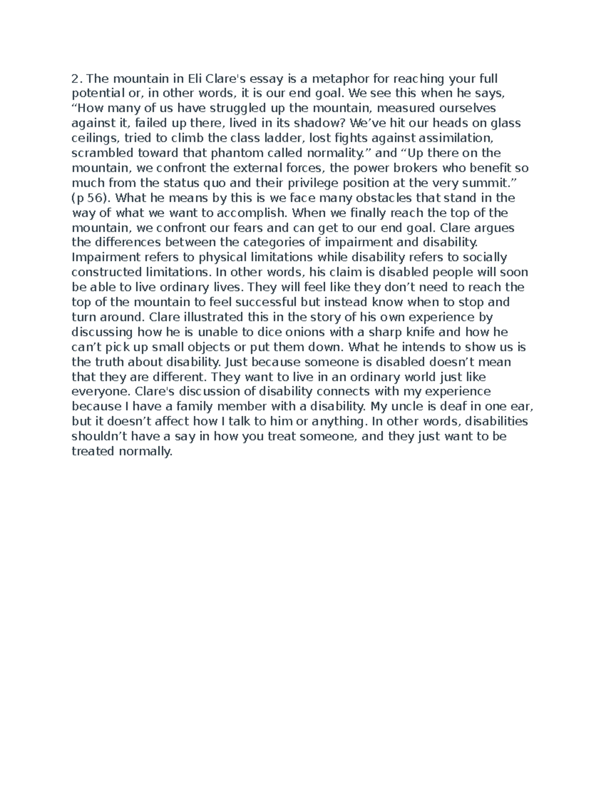 Assignment 1 - homework - The mountain in Eli Clare's essay is a ...