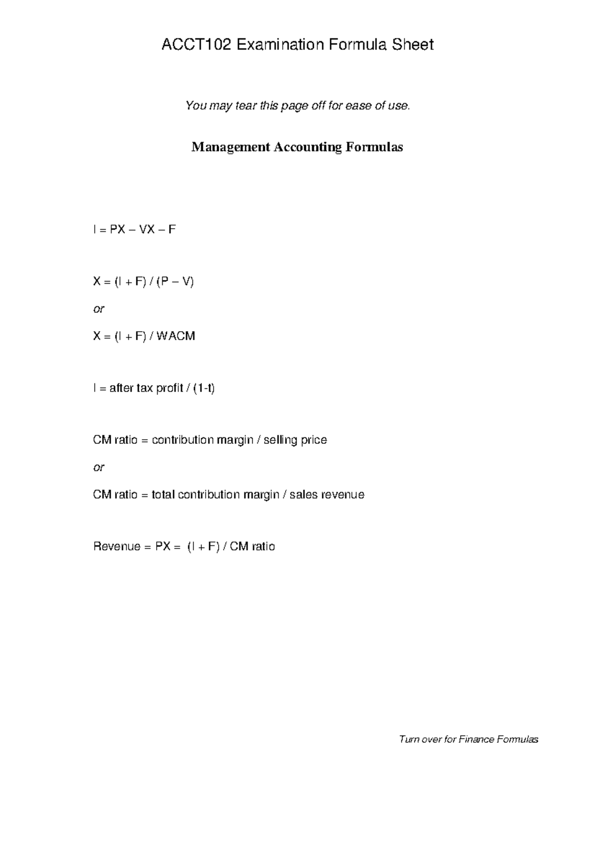 Exam formulas - ACCT102 Examination Formula Sheet You may tear this ...