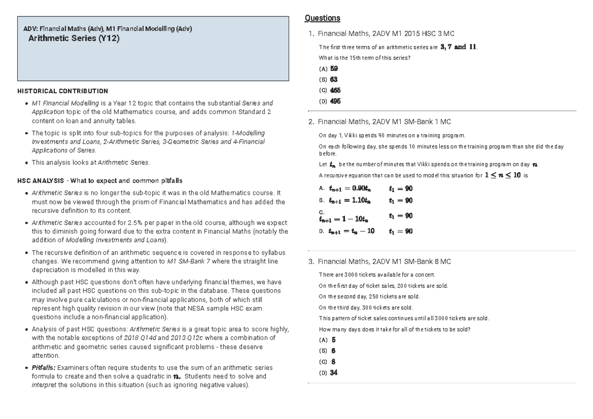 Sequence and Series HSC Questions - ADV: Financial Maths (Adv), M1 ...