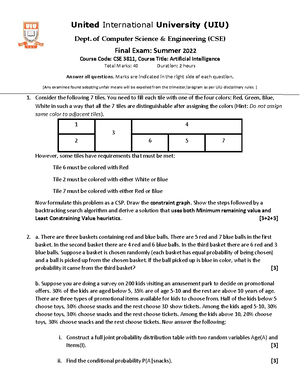 AI Final Fall 2022 - Final Exam: Fall 2022 Course Code: CSE 3811, Course Title: Artificial - Studocu