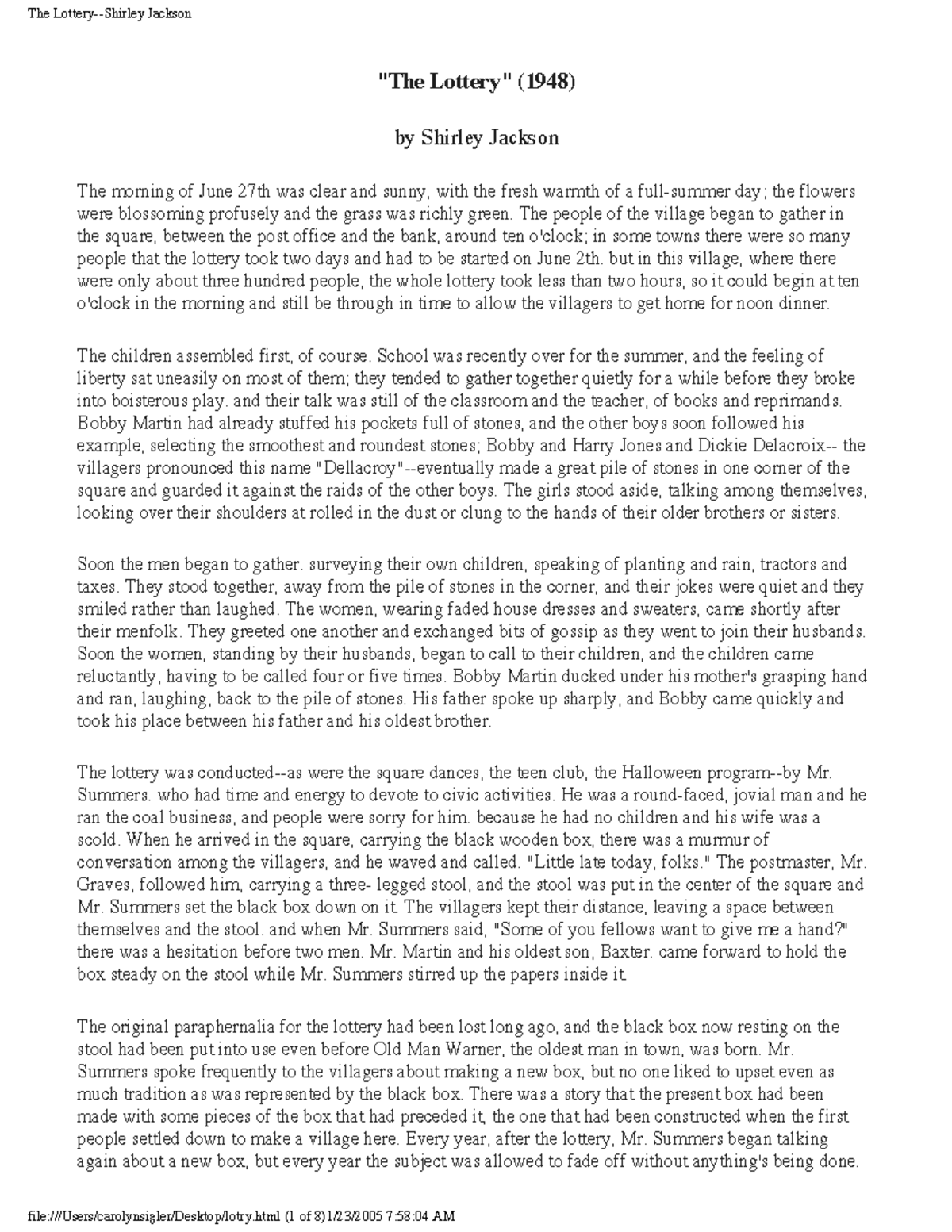 The Lottery full text - "The Lottery" (1948) by Shirley Jackson The ...