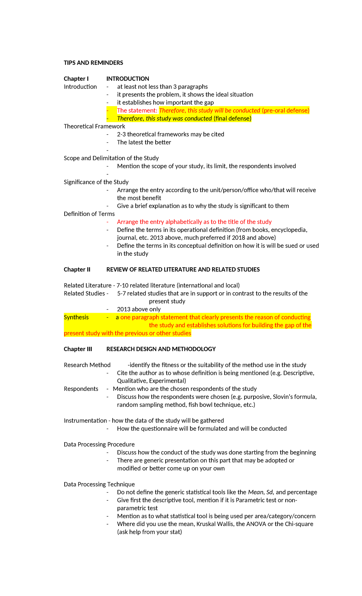 TIPS for research - TIPS AND REMINDERS Chapter I INTRODUCTION ...