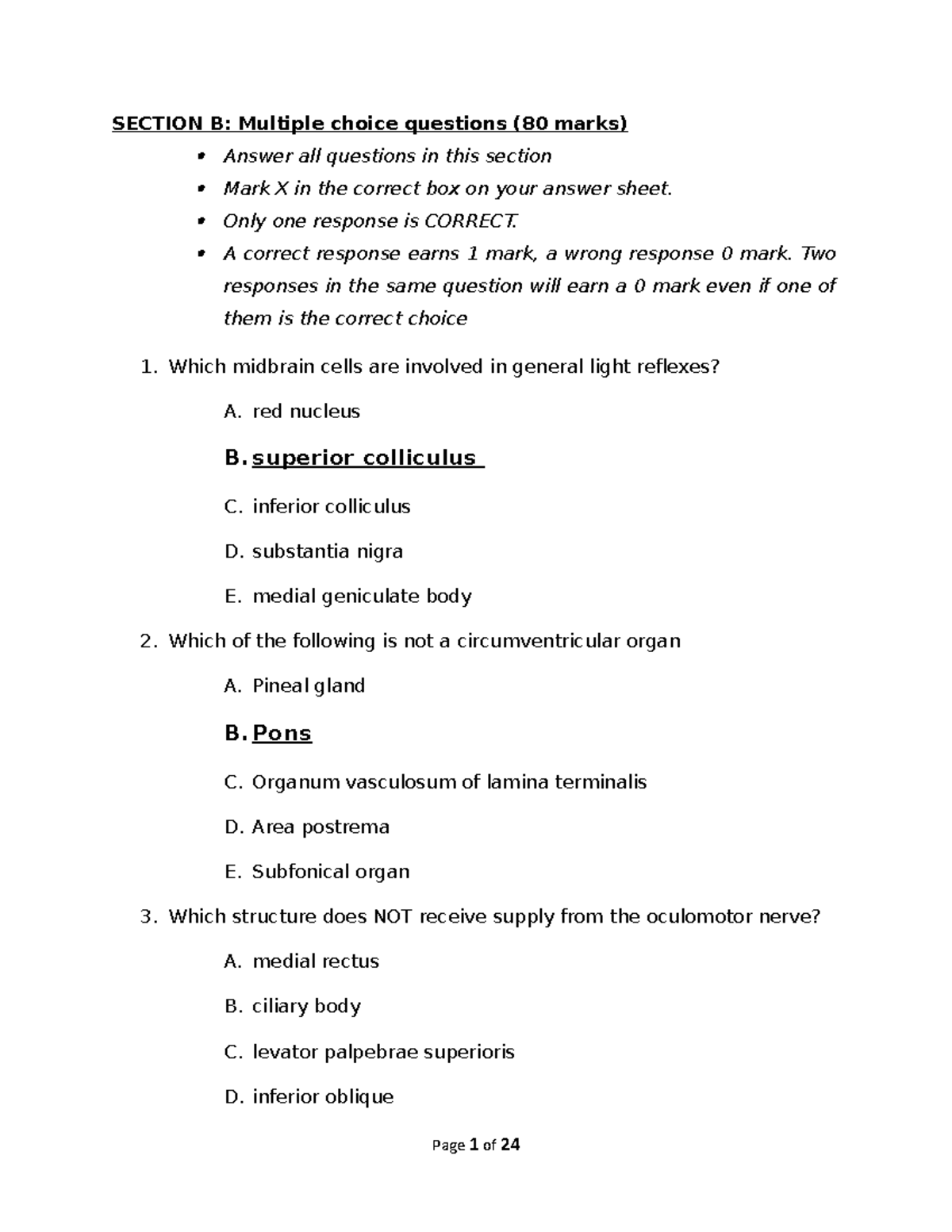 ANAT SGHM - SECTION B: Multiple choice questions (80 marks) Answer all ...