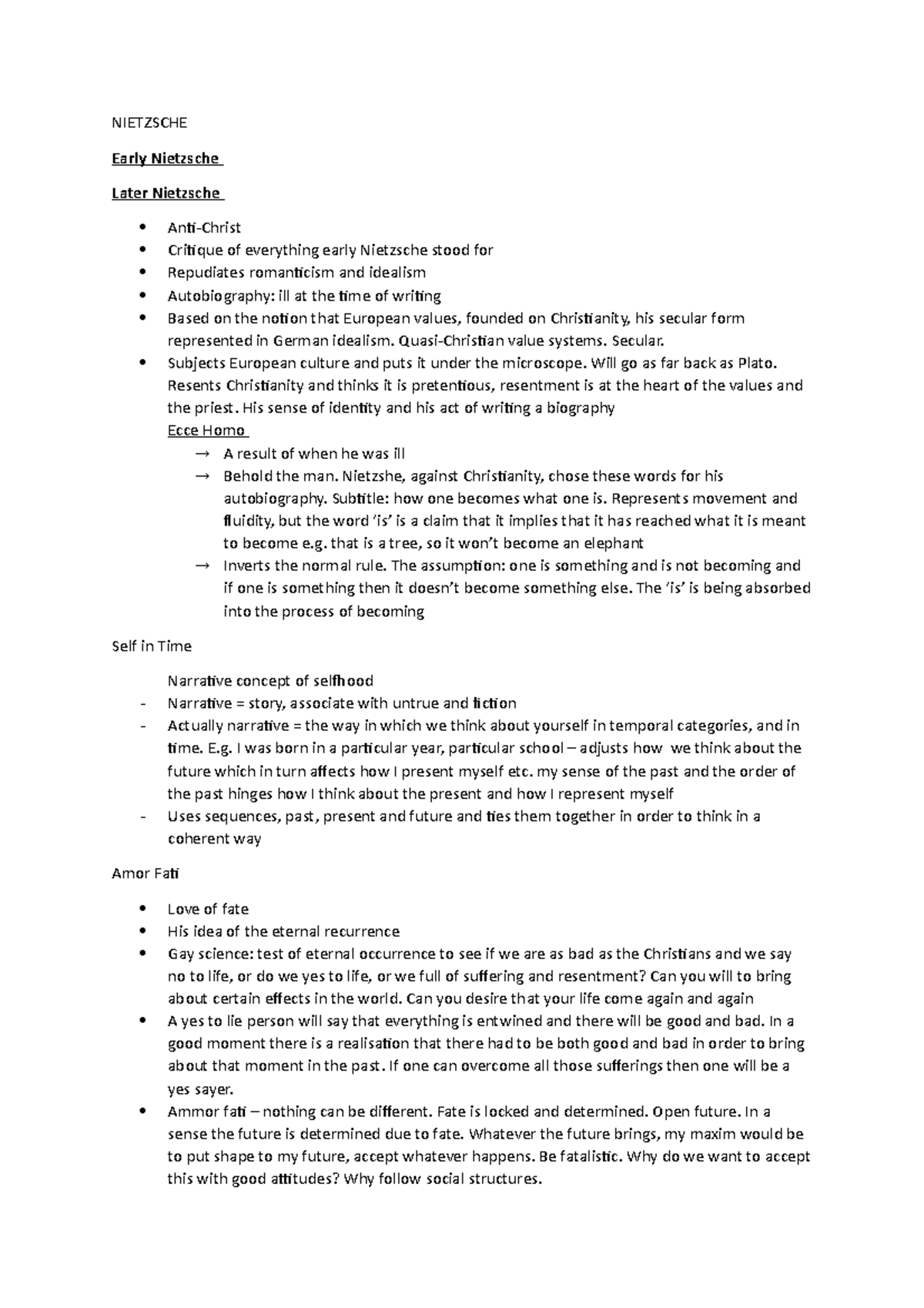 Week 2 on Nietzsche - NIETZSCHE Early Nietzsche Later Nietzsche Anti ...