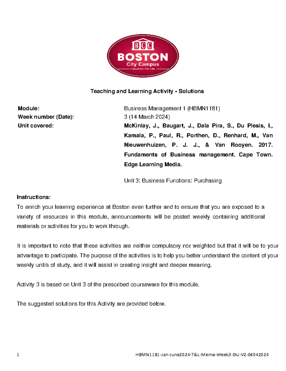 HBMN1181 Jan June2024 T&L Memo Week3 DU V2 06032024 - 1 HBMN1181-Jan ...