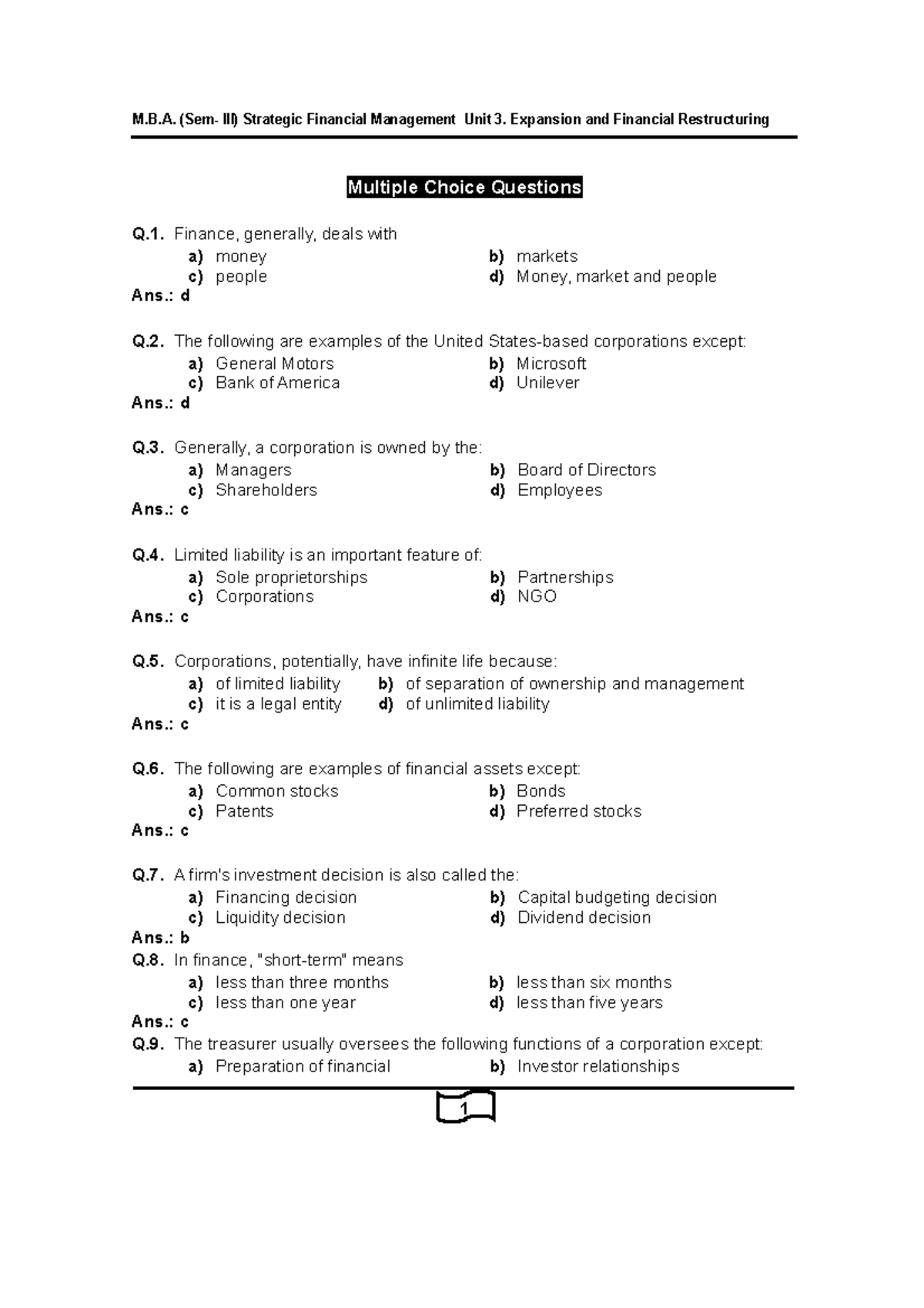 MBA-Div B- 2022-23 SFM - MCQs Unit III - Multiple Choice Questions Q. Finance, generally, deals ...