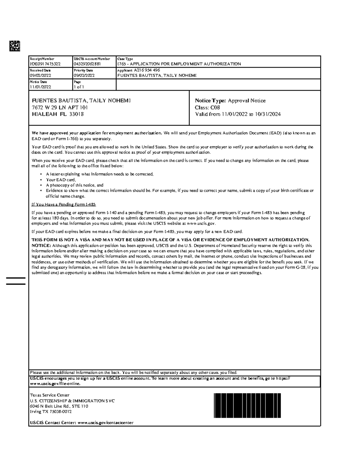 I-765 C08 Standalone Approval - Receipt Number IOE USCIS Account Number ...