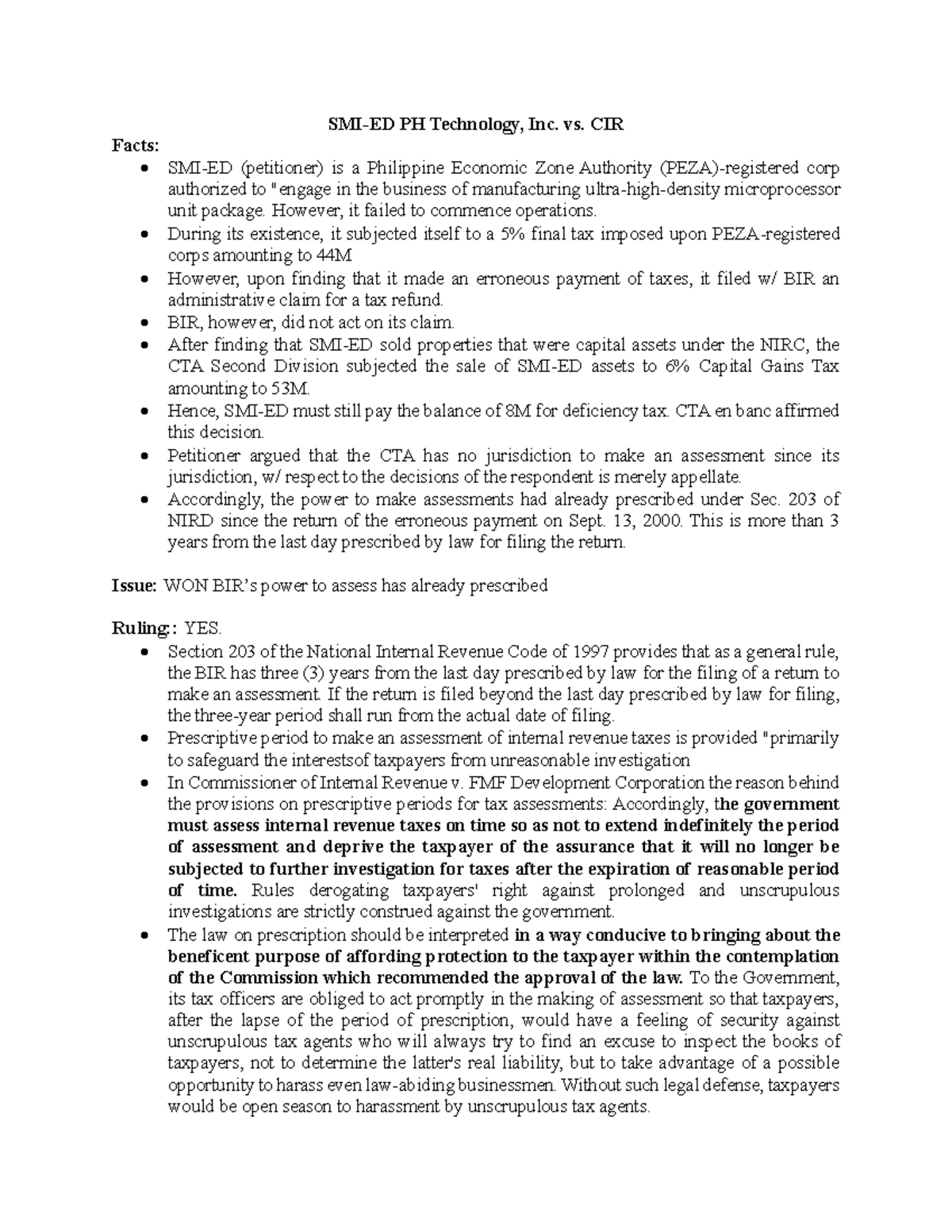 SMI-ED vs. CIR - Summary Juris Doctor - SMI-ED PH Technology, Inc. vs. CIR Facts: SMI-ED - Studocu