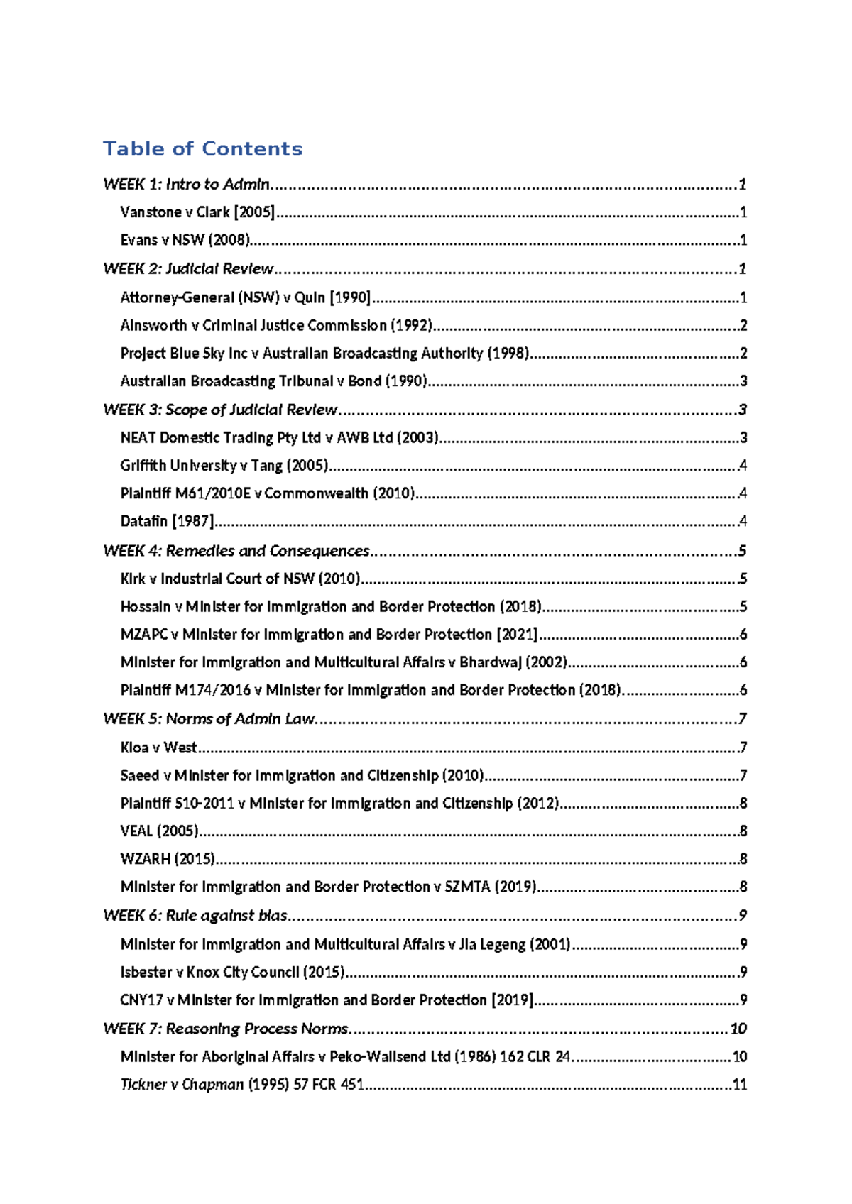 Admin Law Cases - Table of Contents WEEK 1: Intro to - Studocu