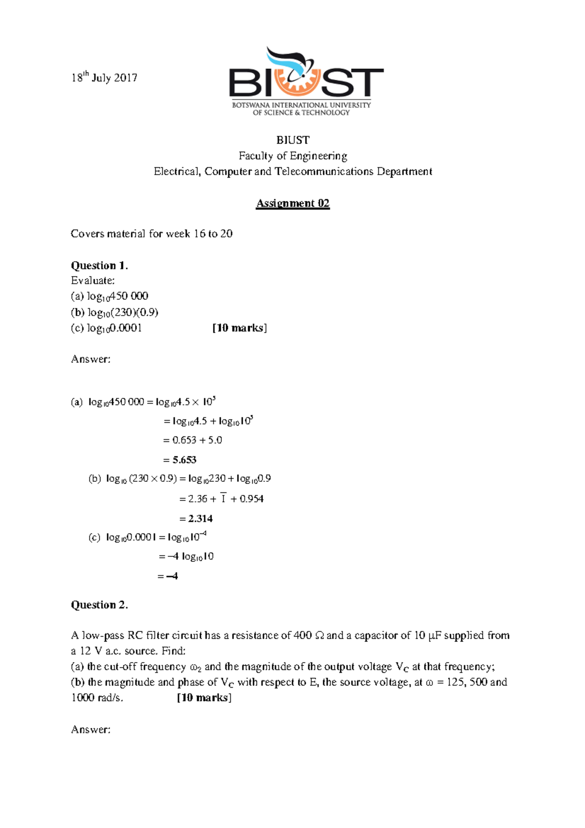 EEEN221 Assignment 02 with answers 00 - 18 th July 2017 BIUST Faculty of Engineering Electrical ...