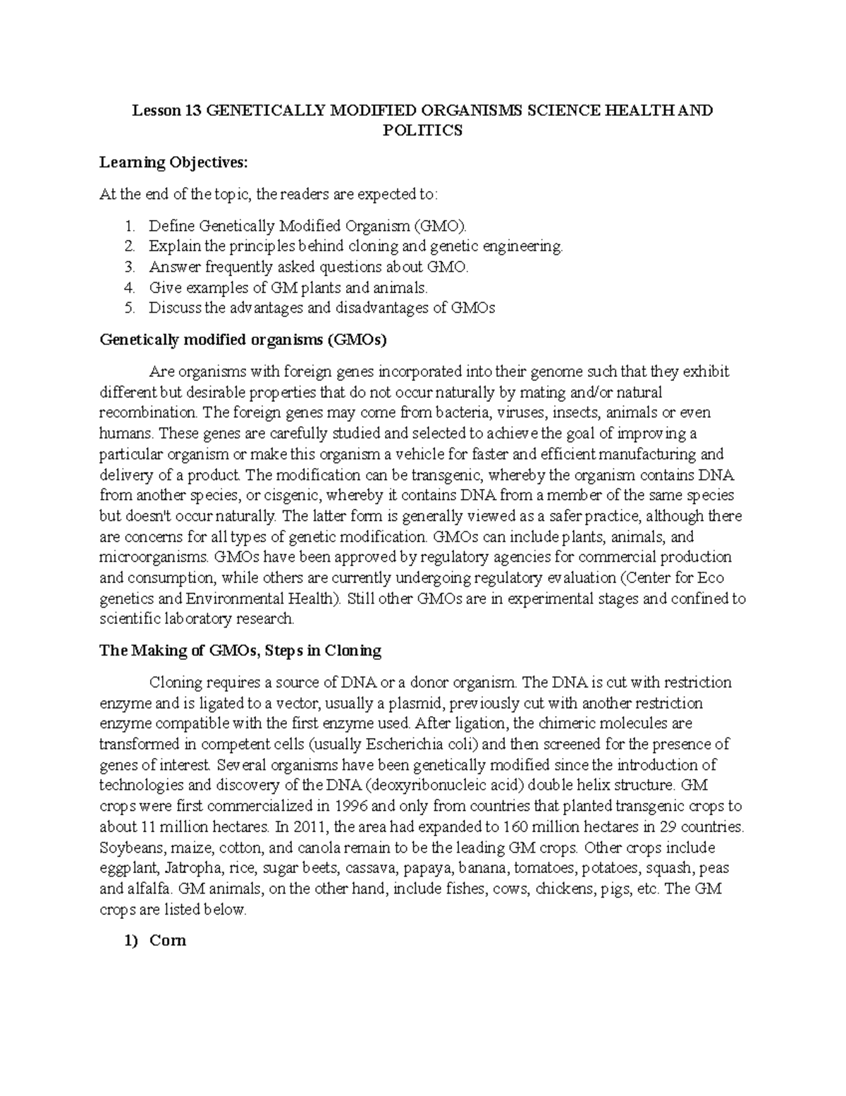 Lesson 13 Genetically Modified Organisms Science Health AND Politics ...