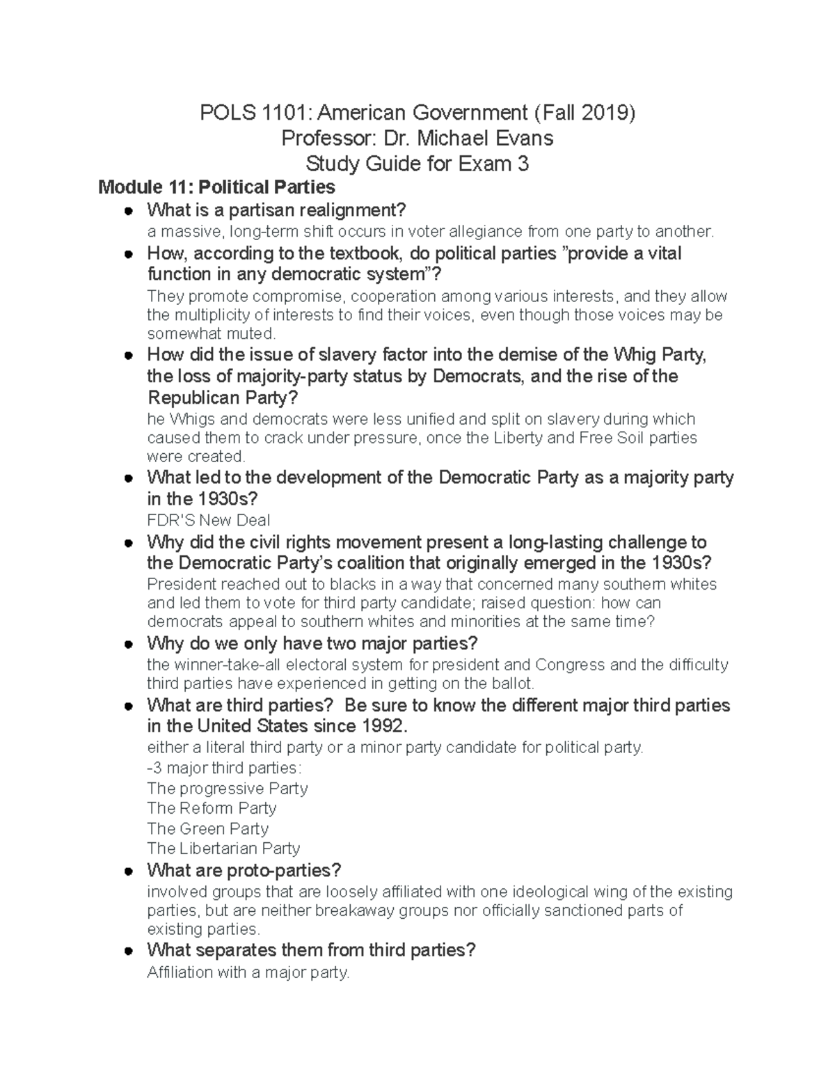 Exam 3 Study Guide - POLS 1101: American Government (Fall 2019 ...