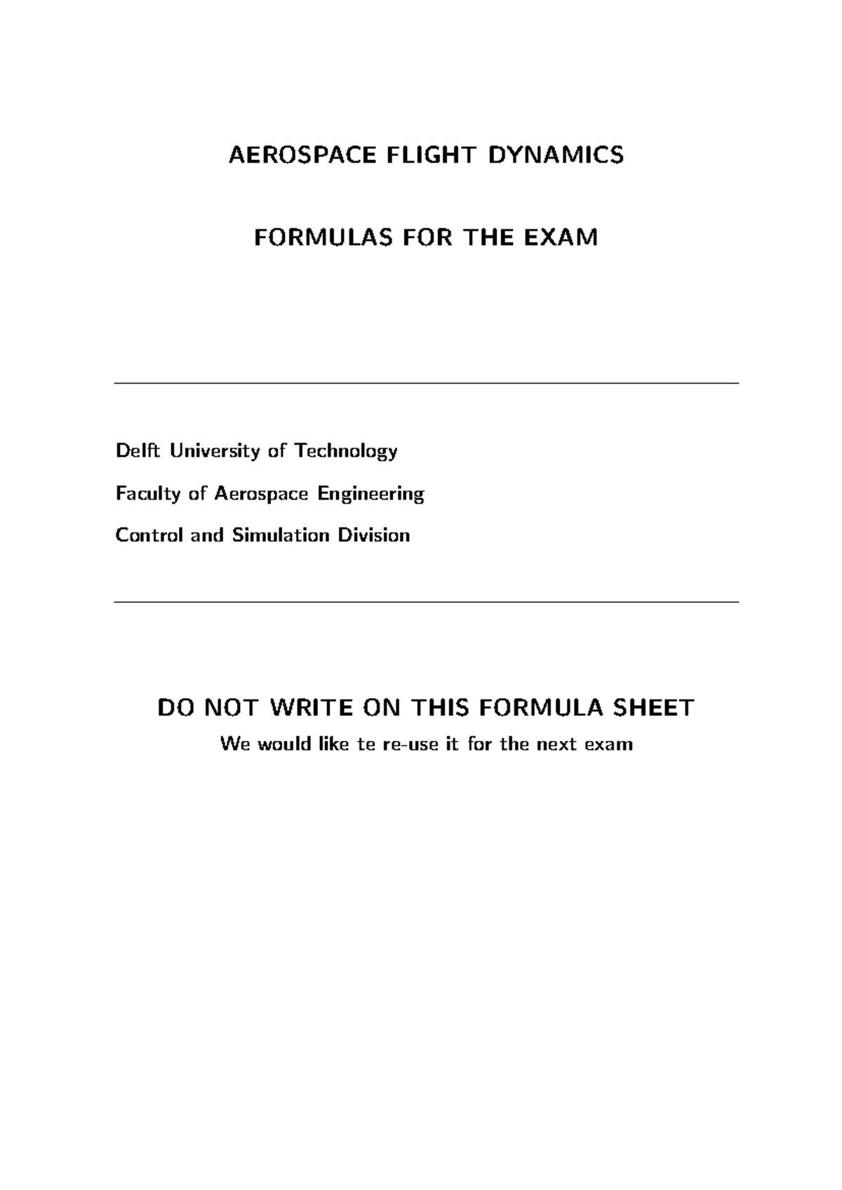 Formulas - Formula Sheet - AEROSPACE FLIGHT DYNAMICS FORMULAS FOR THE ...