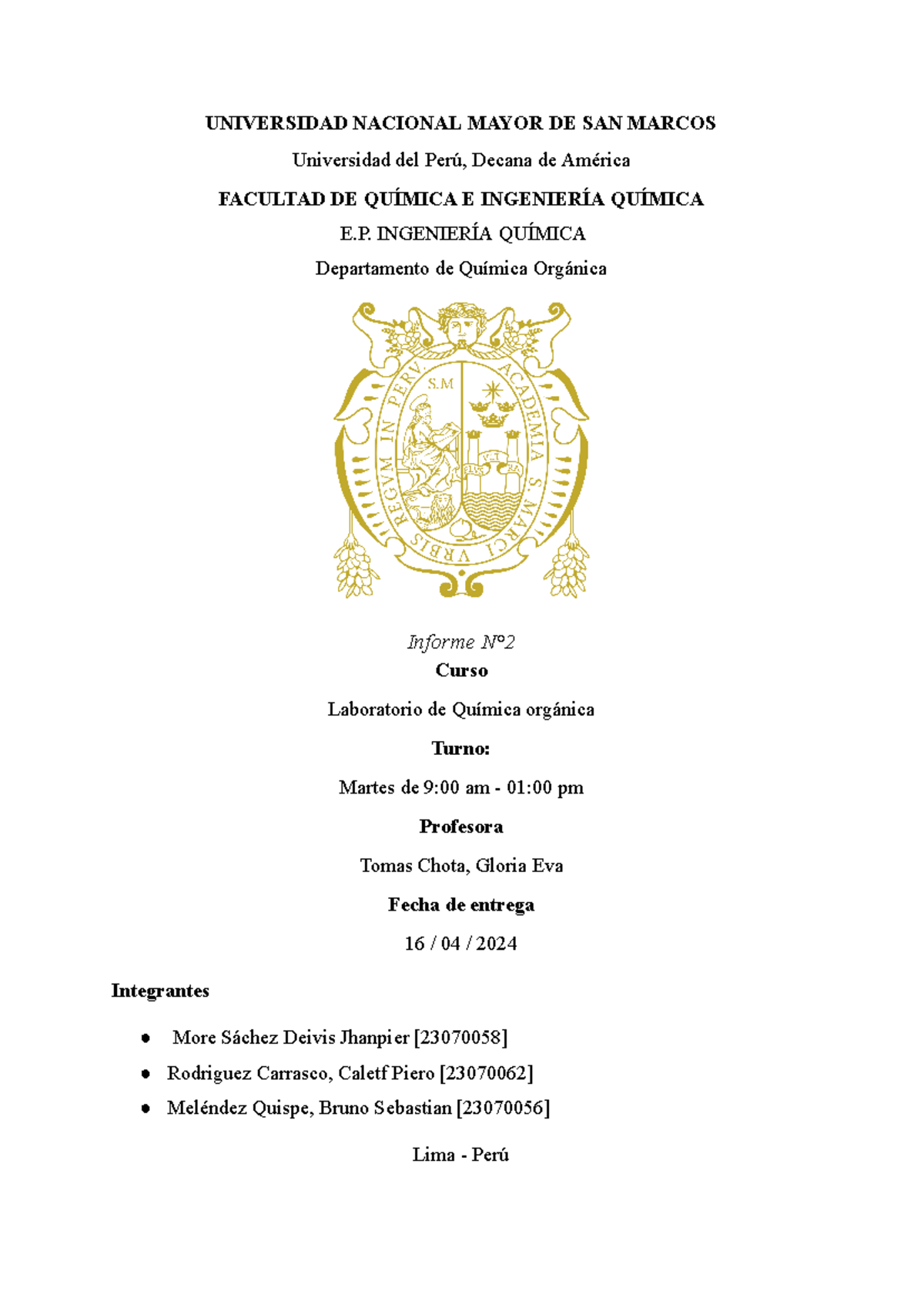 Informe 2 de lab de orga - UNIVERSIDAD NACIONAL MAYOR DE SAN MARCOS Universidad del Perú, Decana ...