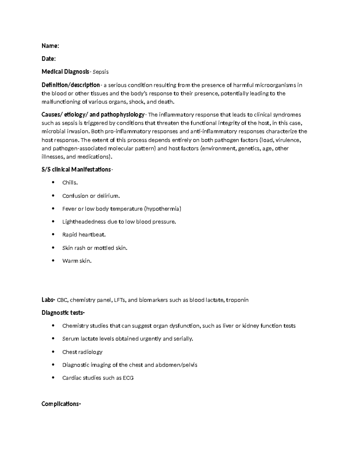 N302 Patho for Sepsis - Name: Date: Medical Diagnosis- Sepsis ...