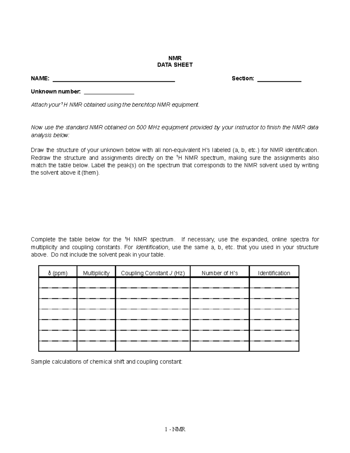 310 07 211nmr data sheet postlab - NMR DATA SHEET NAME: Section ...