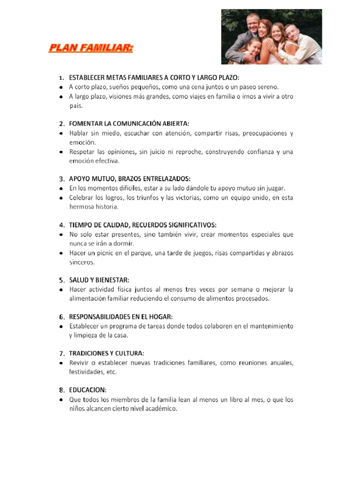 PLAN Familiar - APUNTES - PLAN FAMILIAR: 1. ESTABLECER METAS FAMILIARES ...