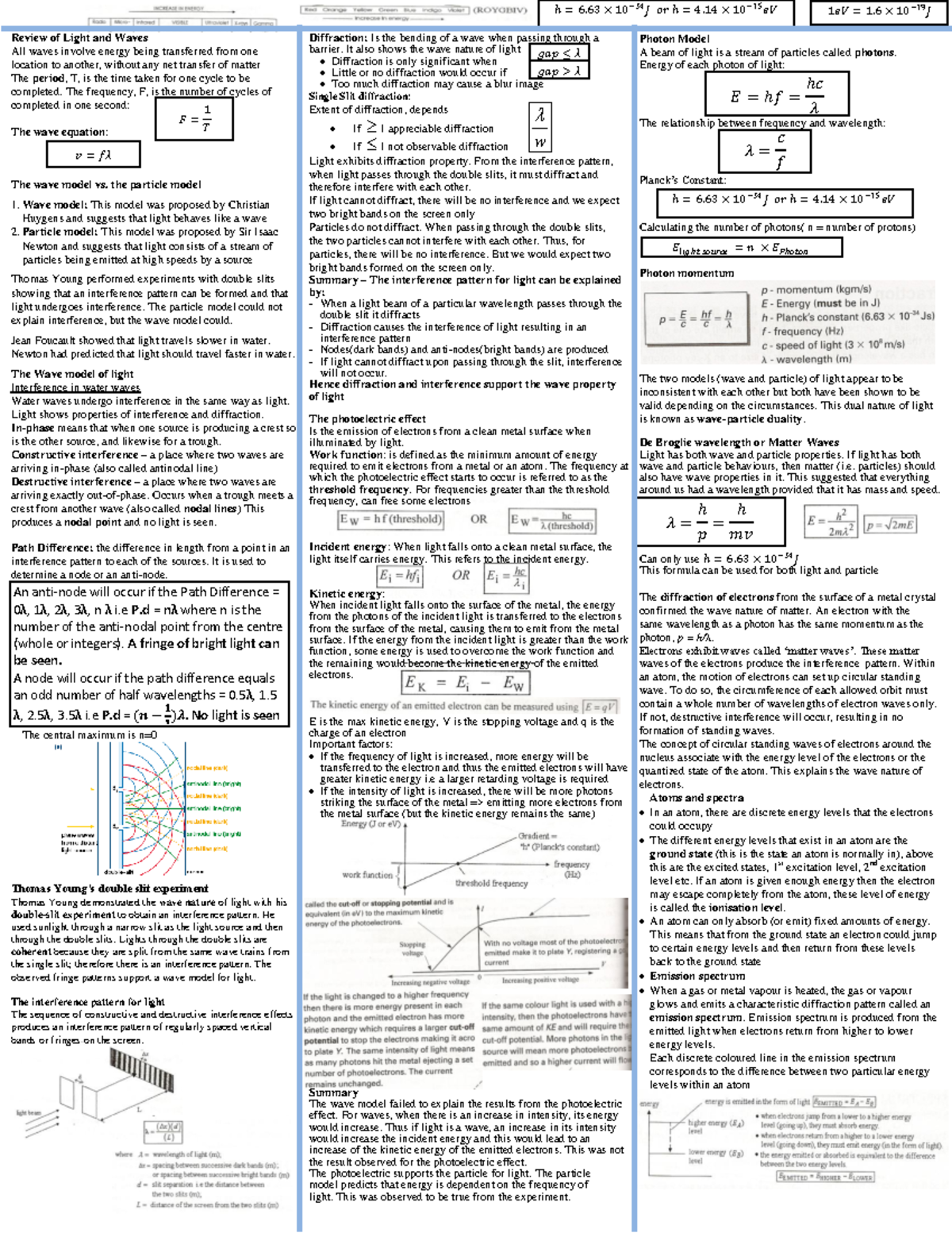 Physics unit 4 - 𝑔𝑎𝑝 > 𝜆 w 𝐸 = 𝑕𝑓 = 𝑕𝑐 𝜆 1 𝑒𝑉 = 1 10− 19 𝐽 𝜆 = 𝑐 𝑓 𝑕 = 6 10− 34 𝐽 𝑜𝑟 𝑕 = 4 - Studocu