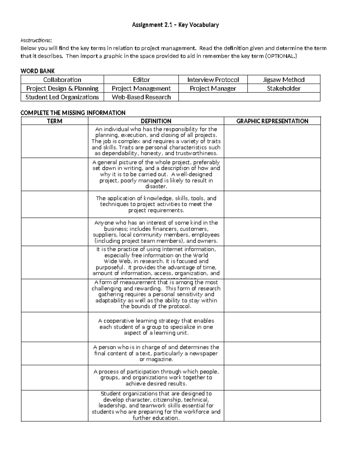 2.1 Vocabulary-1 - notes - Assignment 2 – Key Vocabulary Instructions ...