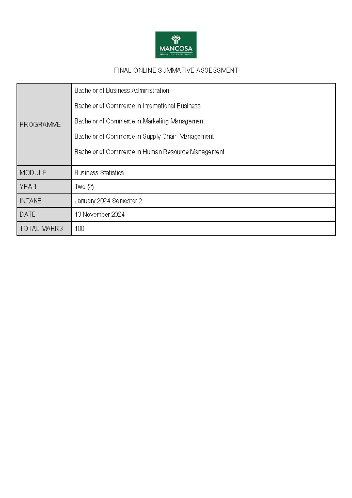 Business Statistics Final OSA - FINAL ONLINE SUMMATIVE ASSESSMENT PROGRAMME Bachelor of Business ...