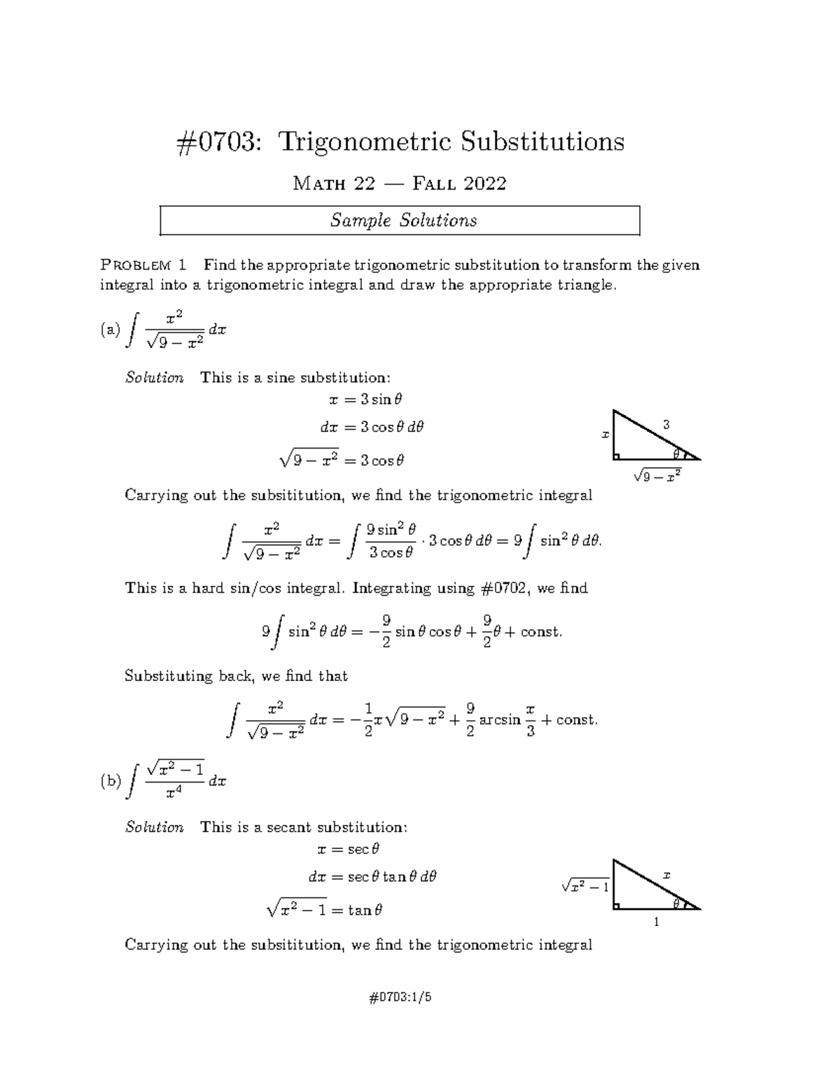 Ws-0703-sols - Francois Dorais - #0703: Trigonometric Substitutions ...