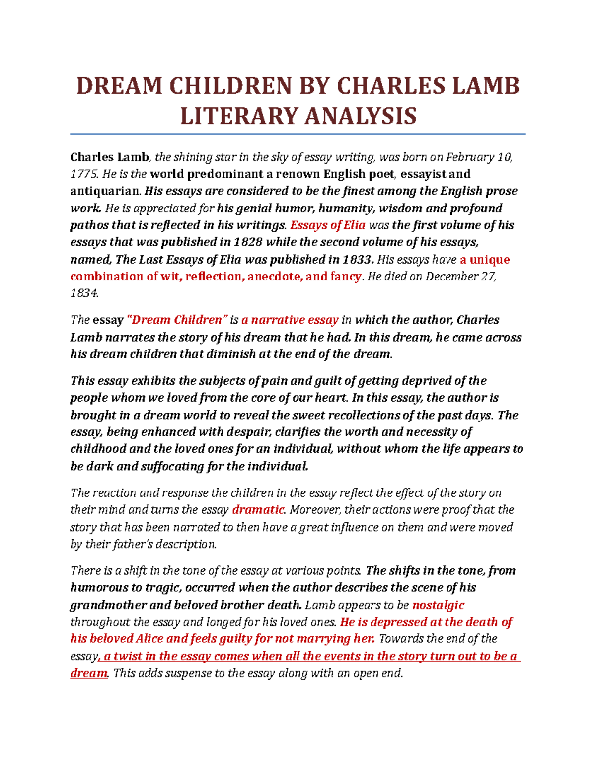 Dream Children BY Charles LAMB Literary Analysis - DREAM CHILDREN BY ...