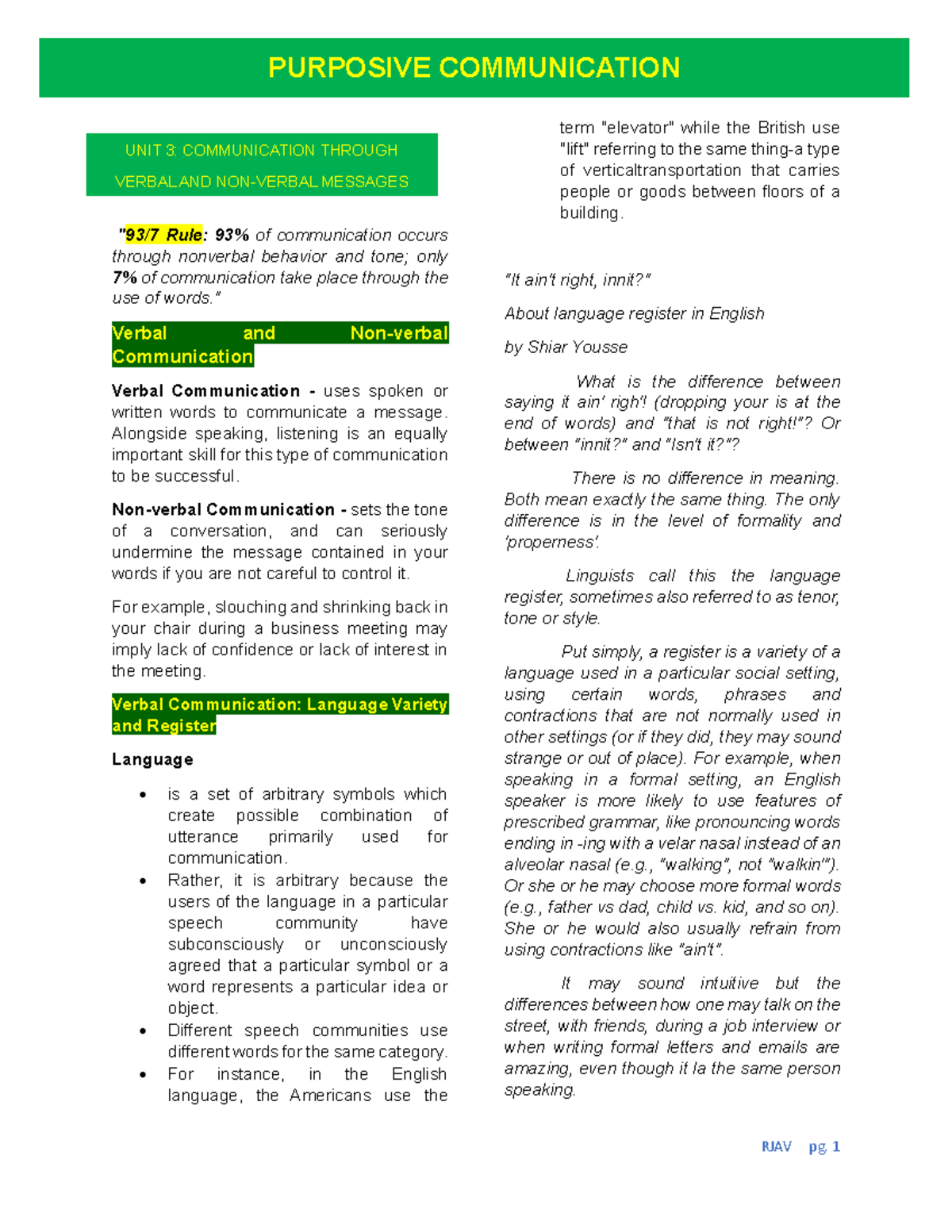 Purcom- Reviewer- Prefinal - UNIT 3: COMMUNICATION THROUGH VERBAL AND NON-VERBAL MESSAGES "93/7 ...