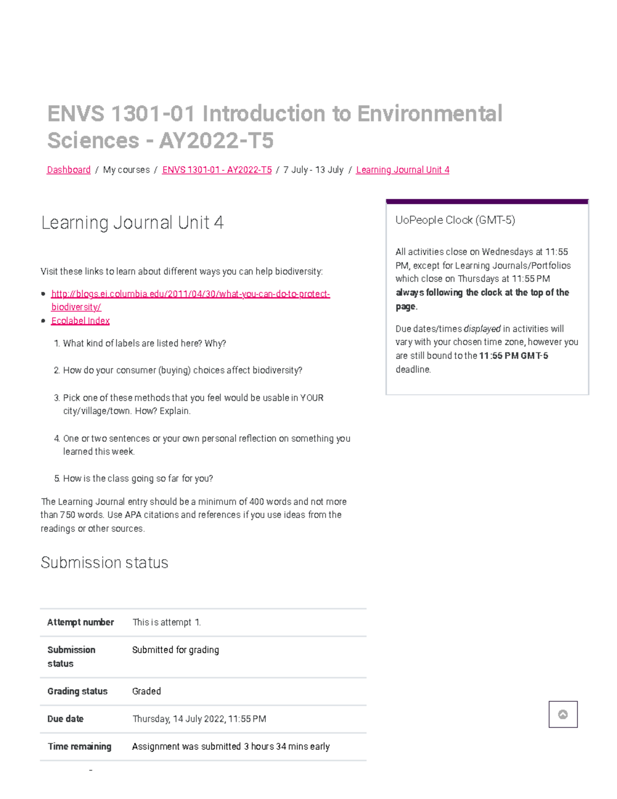 Mj ENVS 1301-01 - AY2022-T5 Learning Journal Unit 4 - ENVS 1301-01 Introduction to Environmental ...