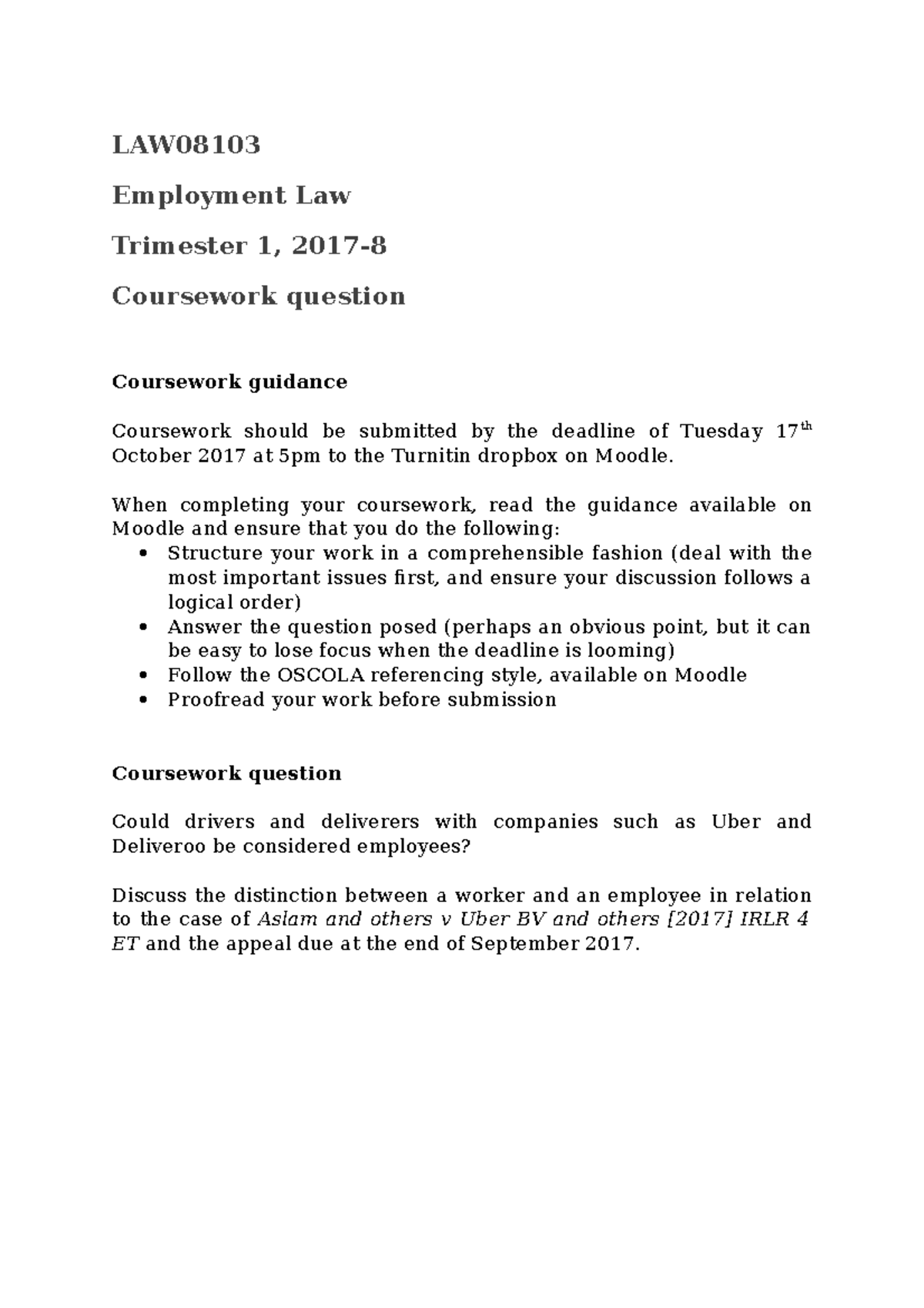 LAW08103 Coursework question - LAW Employment Law Trimester 1, 2017 ...