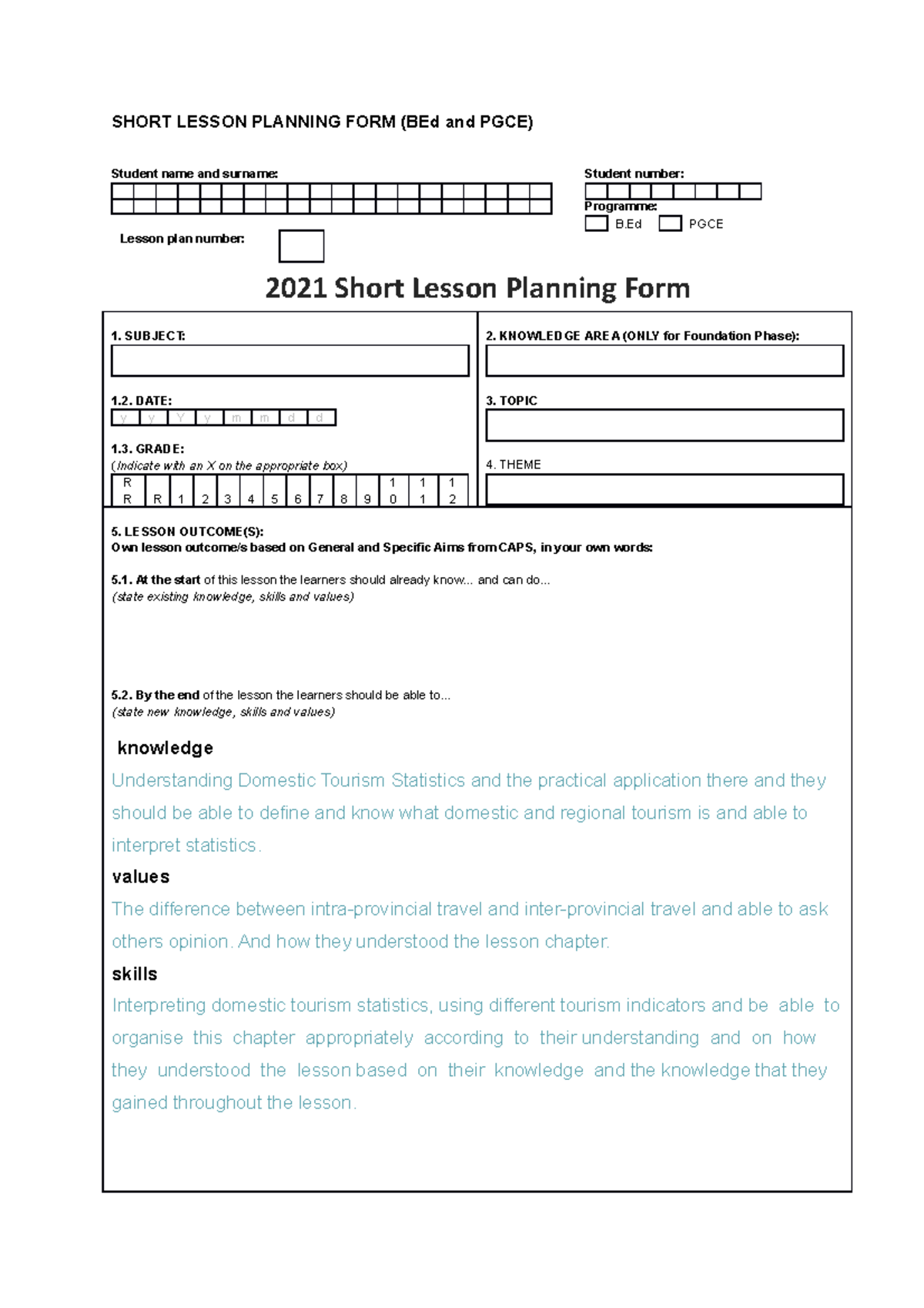 JMD 206 Portfolio - ASSIGNMENT - SHORT LESSON PLANNING FORM (BEd and ...
