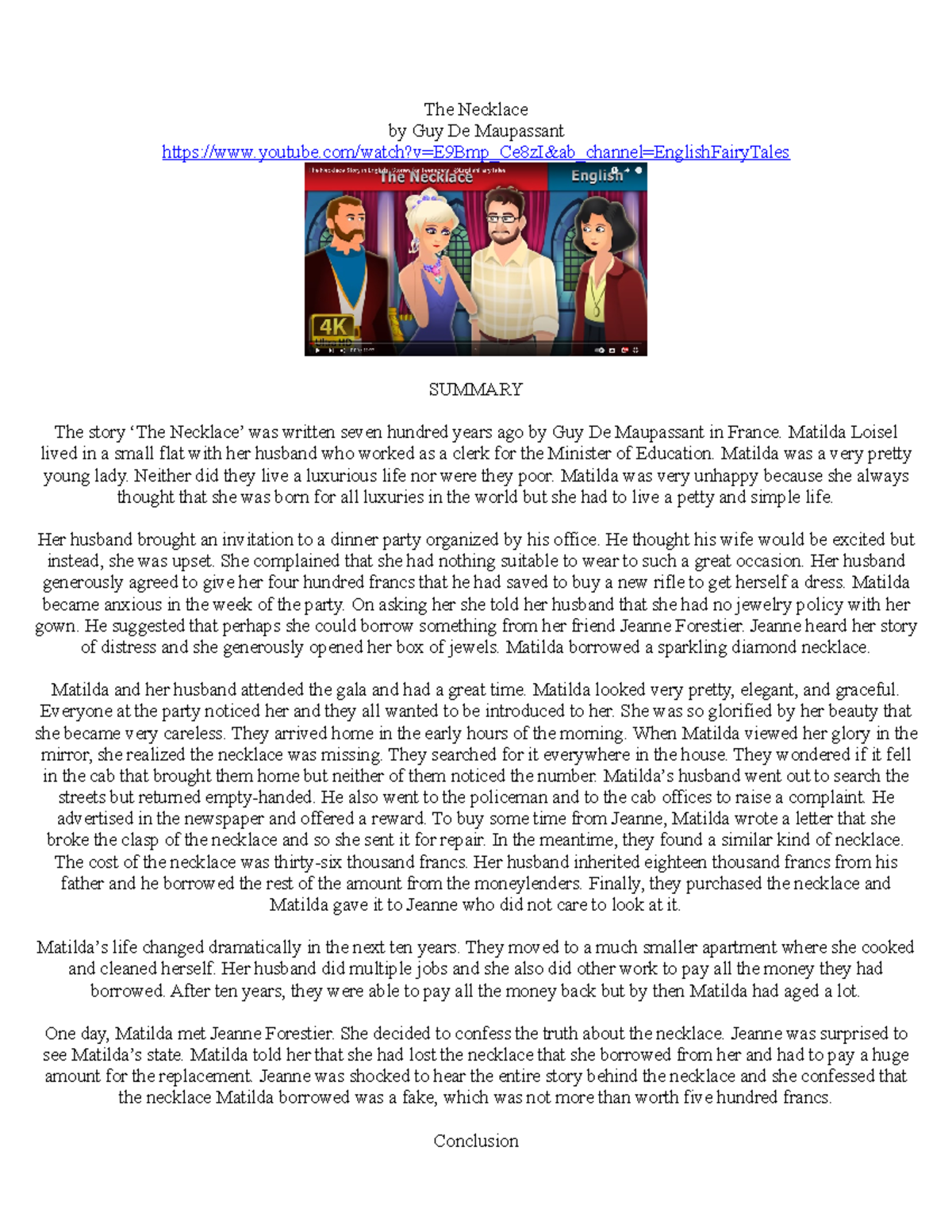 The Necklace for grade 10 - The Necklace by Guy De Maupassant - Studocu