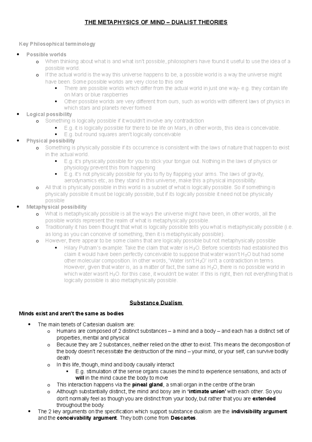 Notes (revision guide) 2 - Dualist theories - THE METAPHYSICS OF MIND ...
