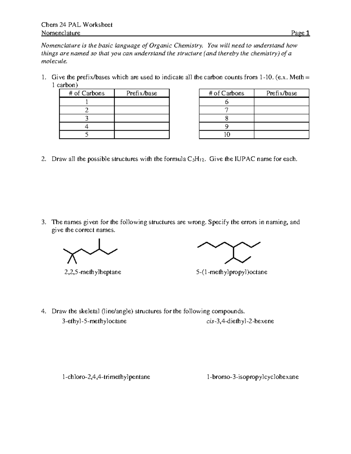 Chem 24 pal worksheet nomenclature - Chem 24 PAL Worksheet Nomenclature ...
