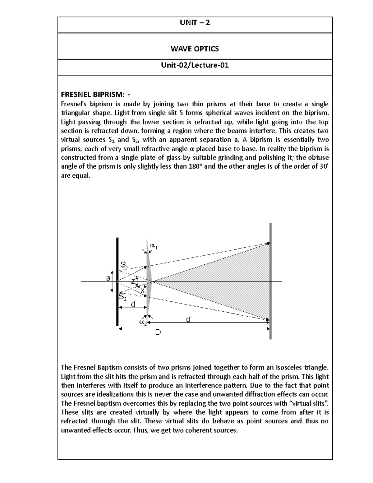 AS101 engineering physics unit 2 - UNIT – 2 WAVE OPTICS Unit-02/Lecture- FRESNEL BIPRISM ...