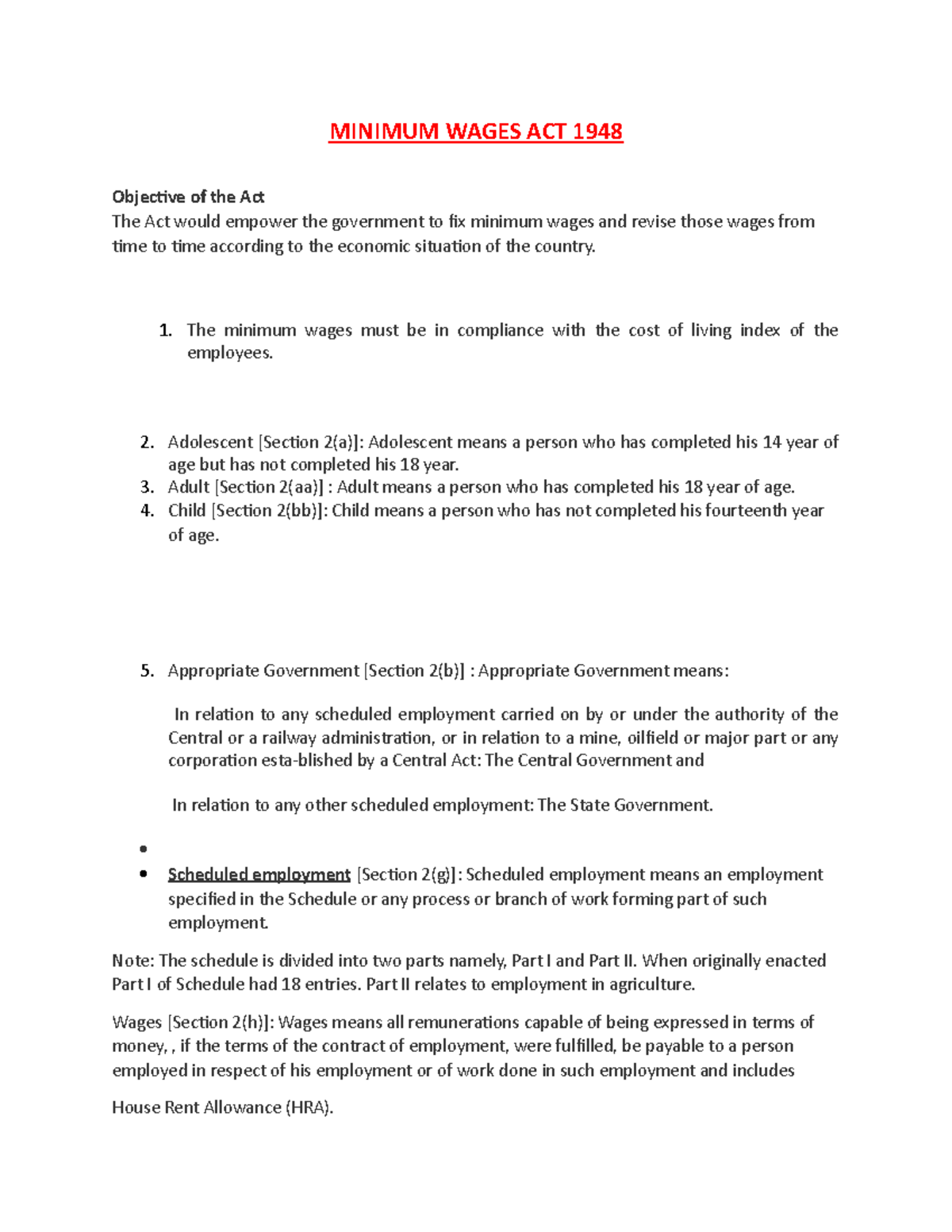 Minimum and Payment of wages notes inter - MINIMUM WAGES ACT 1948 ...