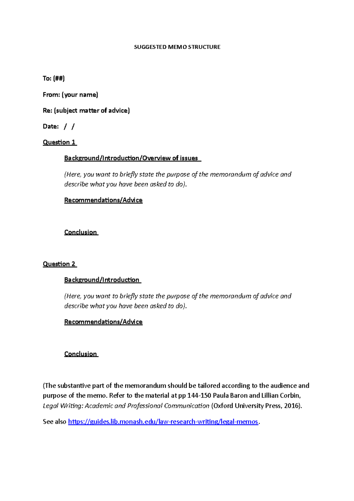 Suggested memo structure for written assessment - SUGGESTED MEMO ...