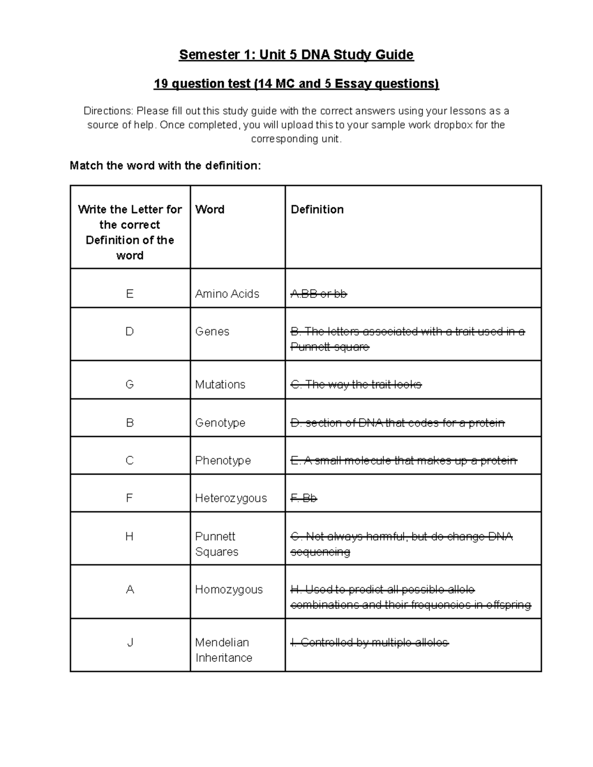 Honors Bio 12 Unit 5 - Semester 1 Study Guide - Semester 1: Unit 5 DNA ...