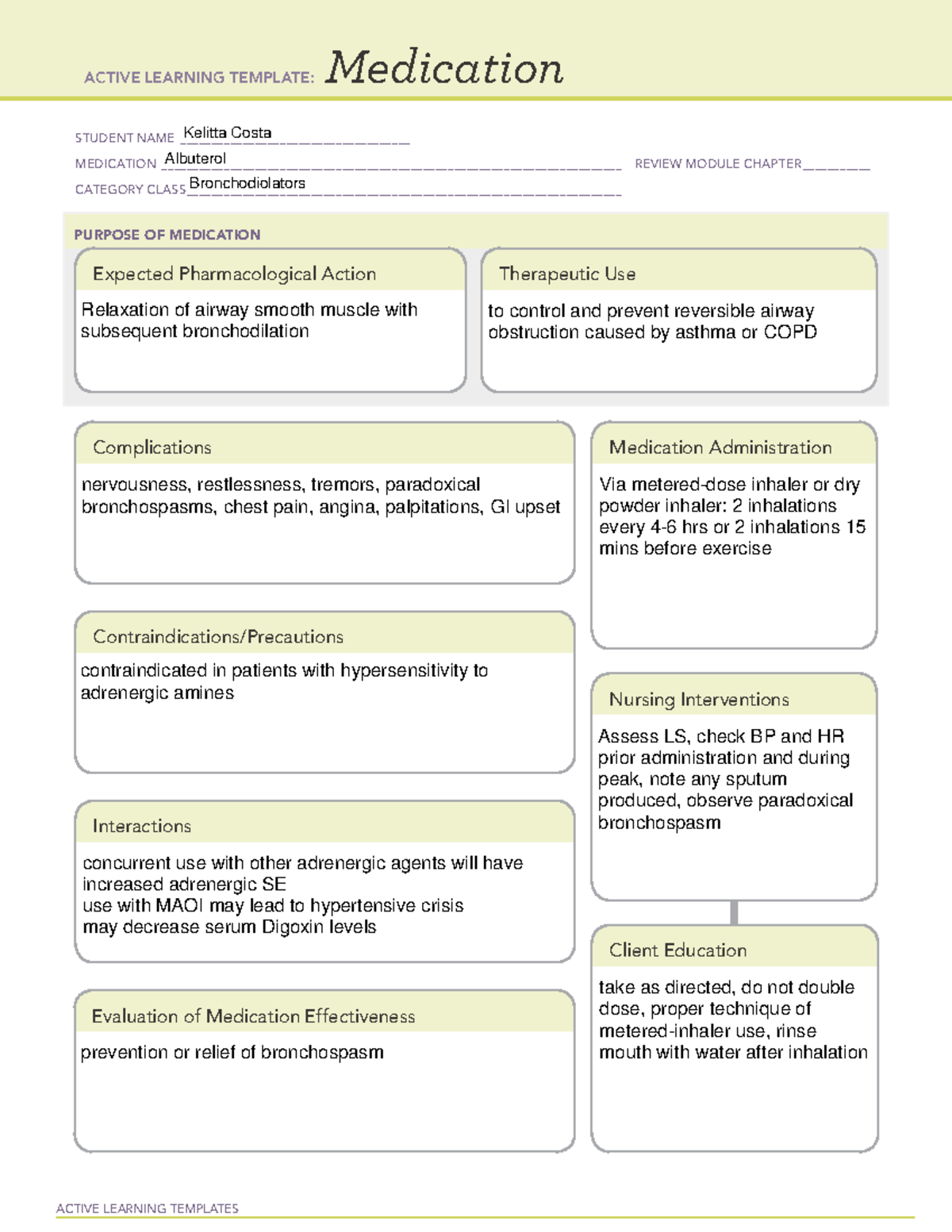 Albuterol - ACTIVE LEARNING TEMPLATES Medication STUDENT NAME