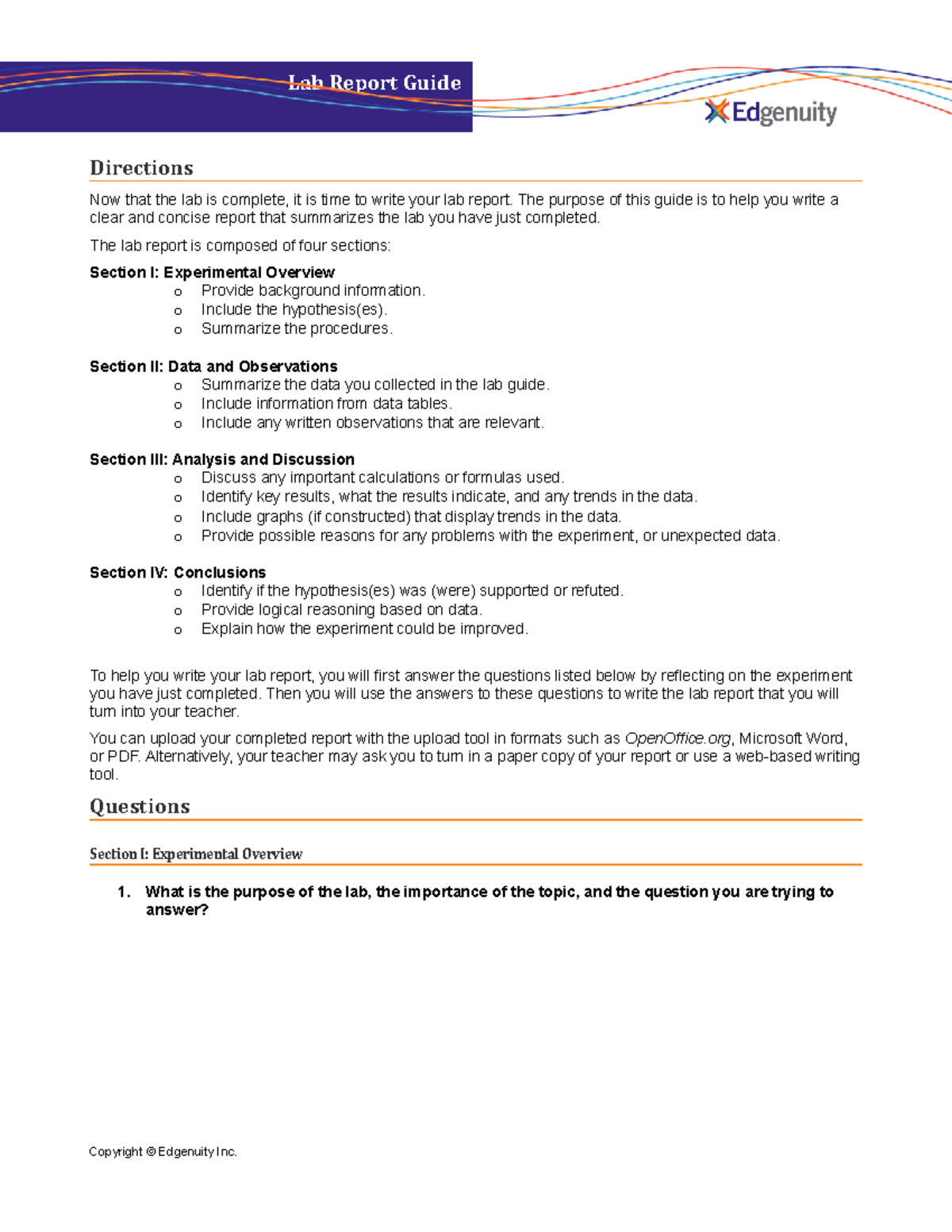 Lab Report Guide and questions - Directions Now that the lab is ...