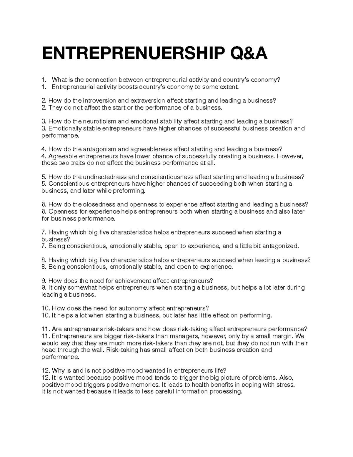 Entrepreneurship Qand A - ENTREPRENUERSHIP Q&A What is the connection ...