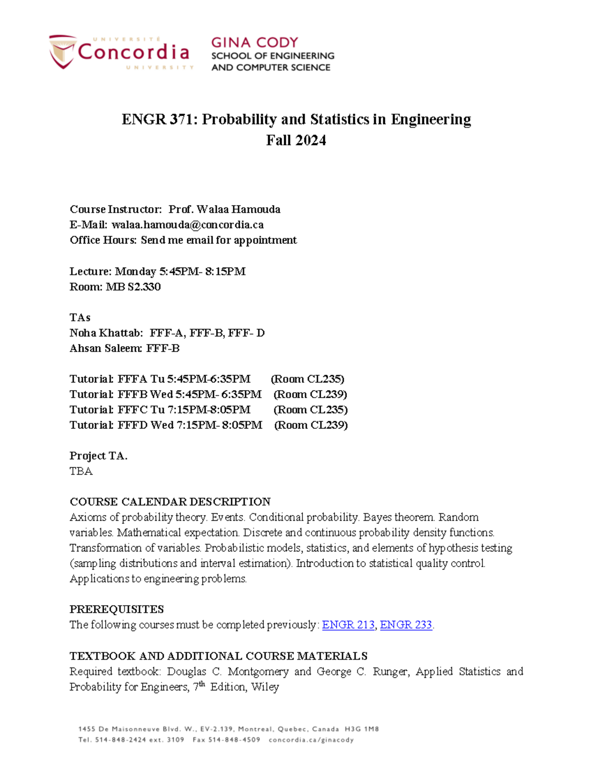 Course Outline - ... - ENGR 371: Probability and Statistics in ...