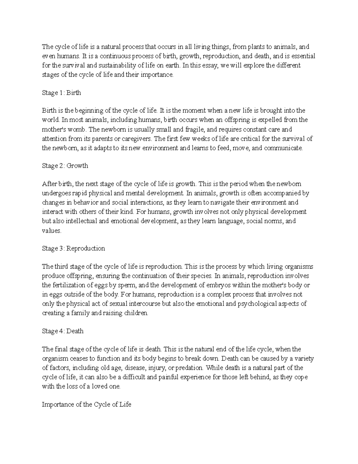 The cycle of life - Summary notes - The cycle of life is a natural ...