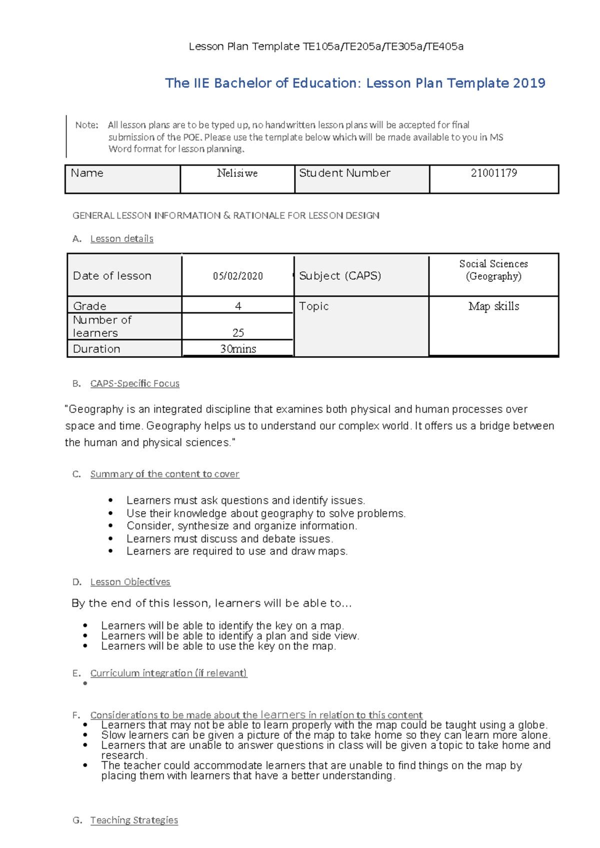 Lesson plan template - Notes - Lesson Plan Template TE105a/TE205a ...