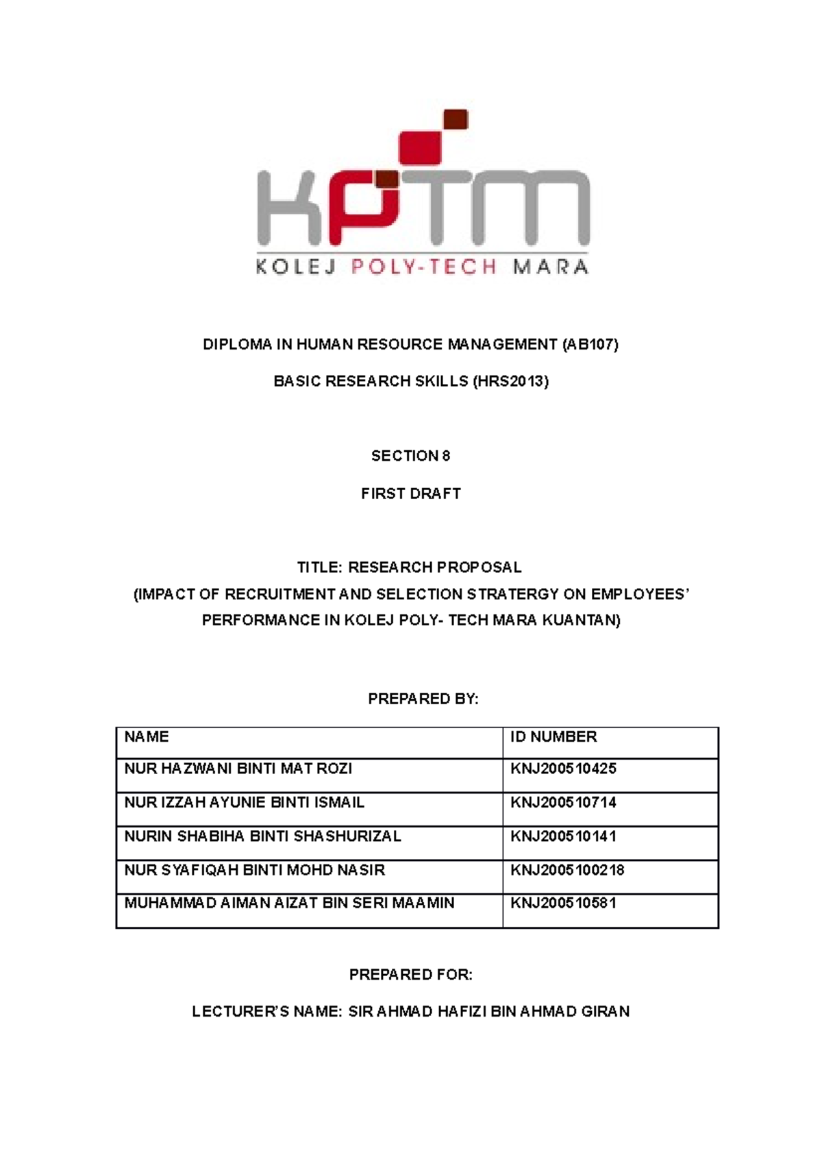 First Draft - report - DIPLOMA IN HUMAN RESOURCE MANAGEMENT (AB107 ...
