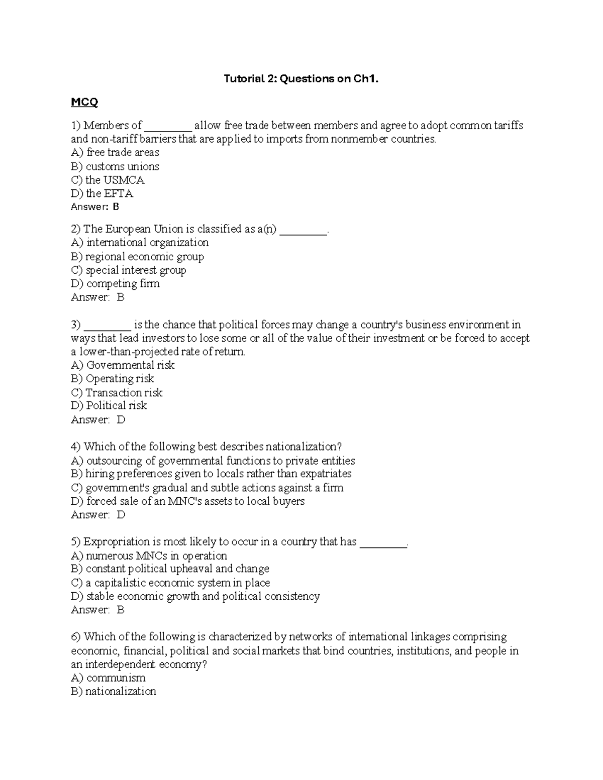 Tut2 IB wiz ans - tutorial - Tutorial 2: Questions on Ch1. MCQ 1 ...
