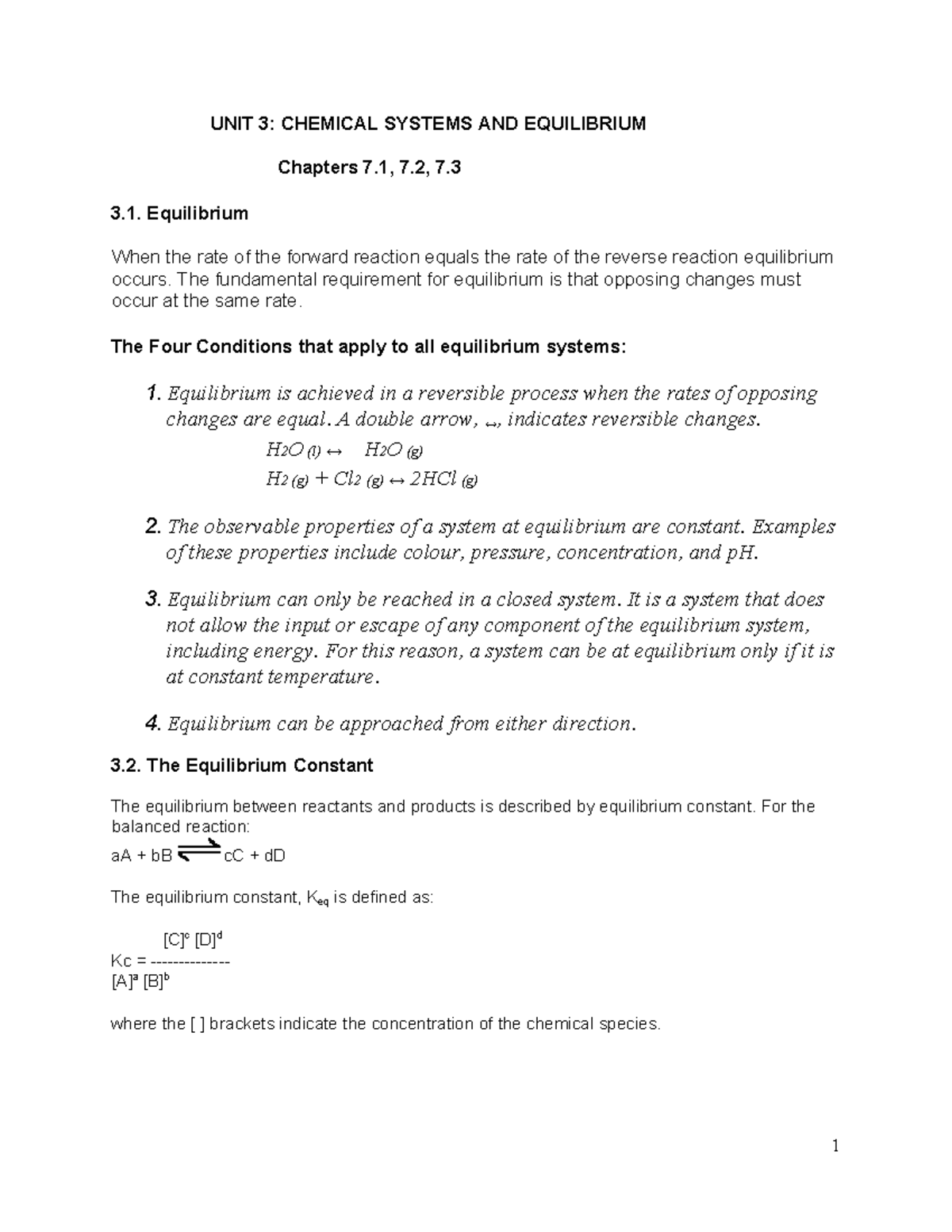 Equilibrium-Handouts - UNIT 3: CHEMICAL SYSTEMS AND EQUILIBRIUM ...