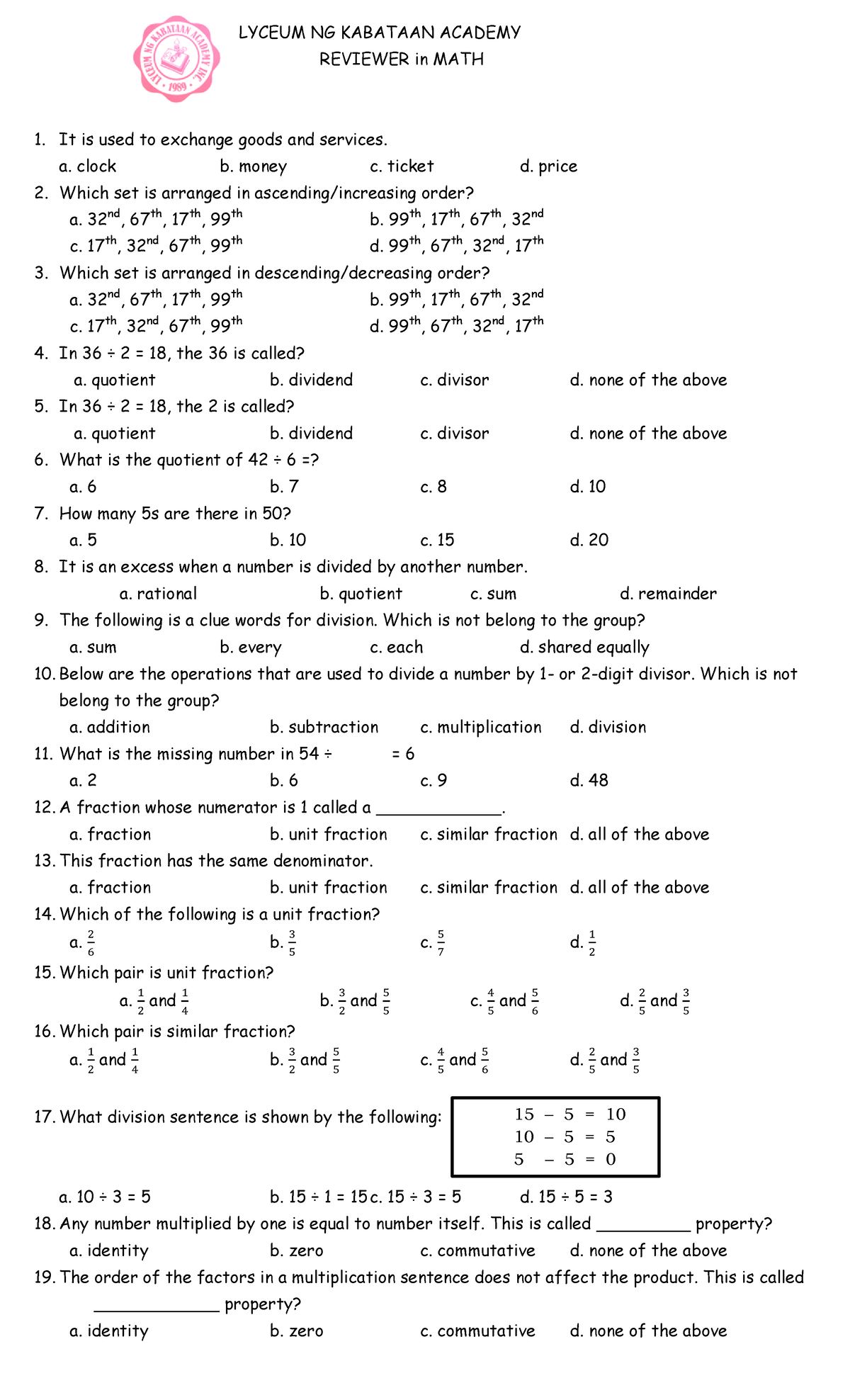 Reviewer-IN-MATH-2023 - LYCEUM NG KABATAAN ACADEMY REVIEWER in MATH It ...