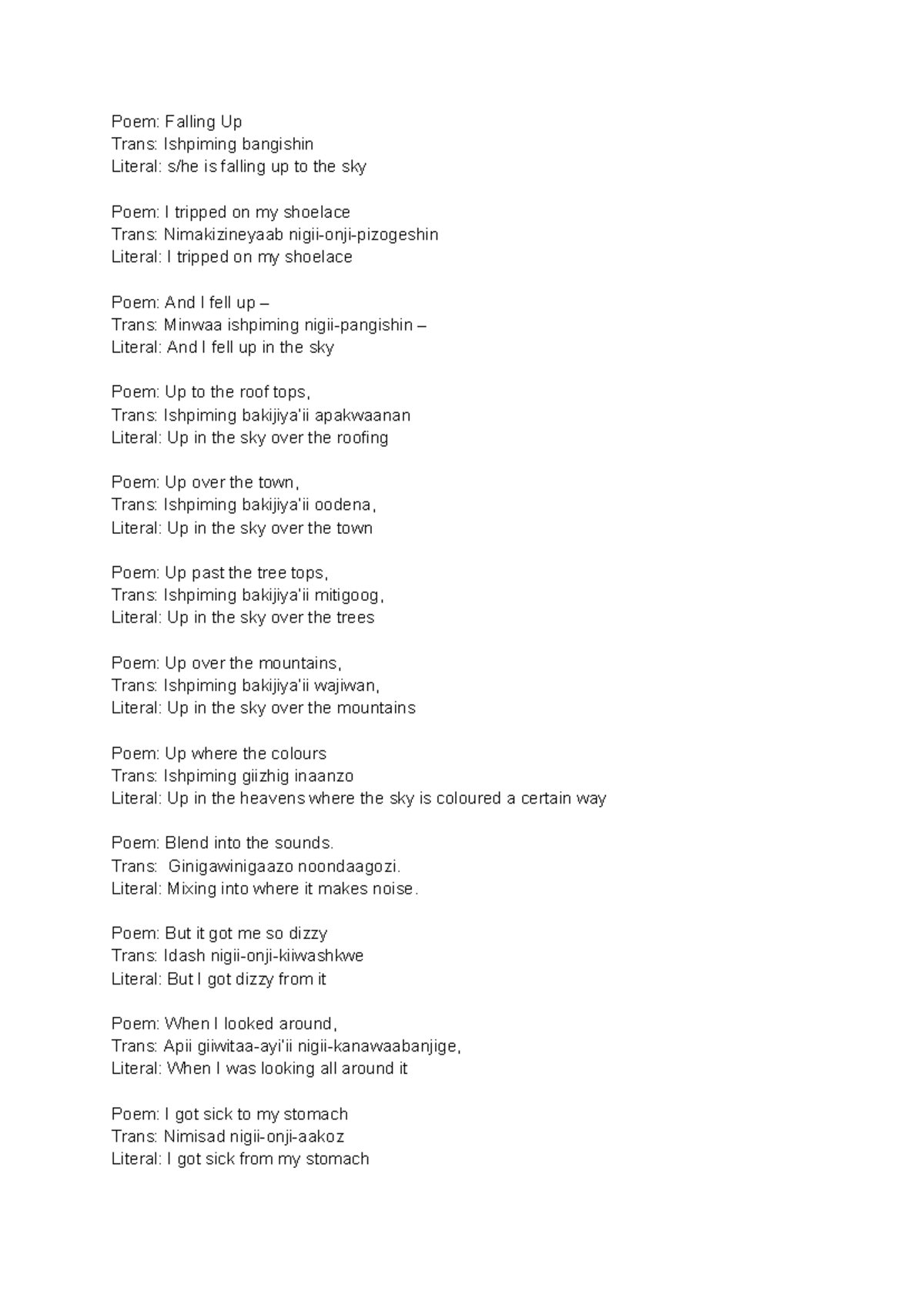 INDG Short Story Song Translation - Poem: Falling Up Trans: Ishpiming ...