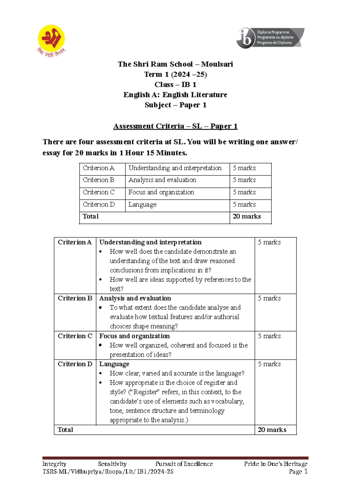 Read Before Paper 1 - The Shri Ram School – Moulsari Term 1 (2024 –25 ...